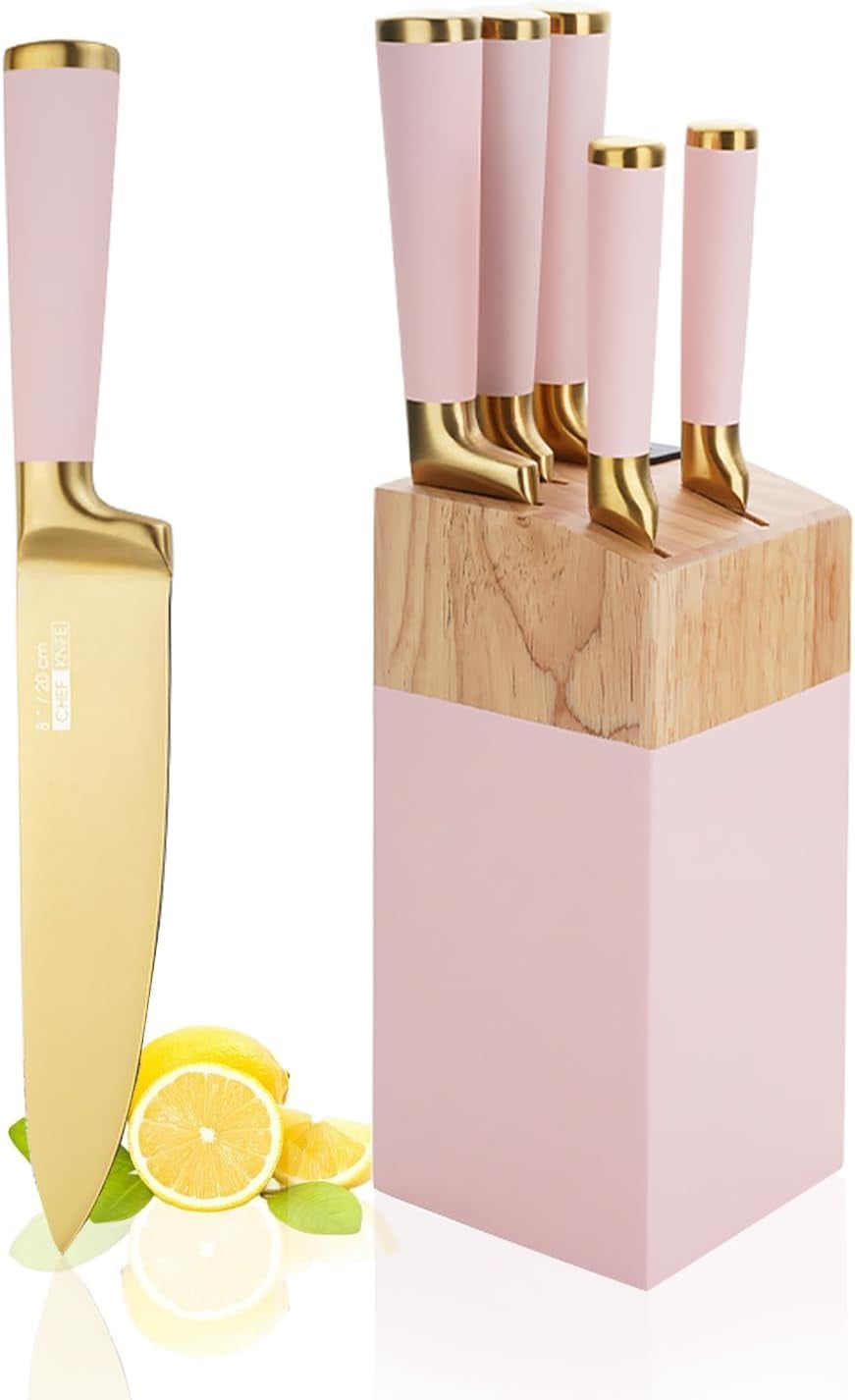 Kitchen Knife Set, 6-Pieces Golden Titanium Coated Knife Block Set with ...