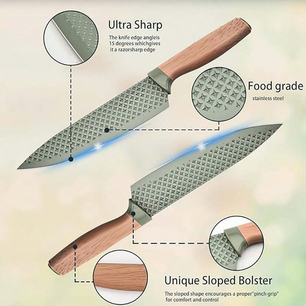 Kitchen Knife Set, 6 Pieces Green Professional Knife Set With Universal Knife Block, Super Sharp ...