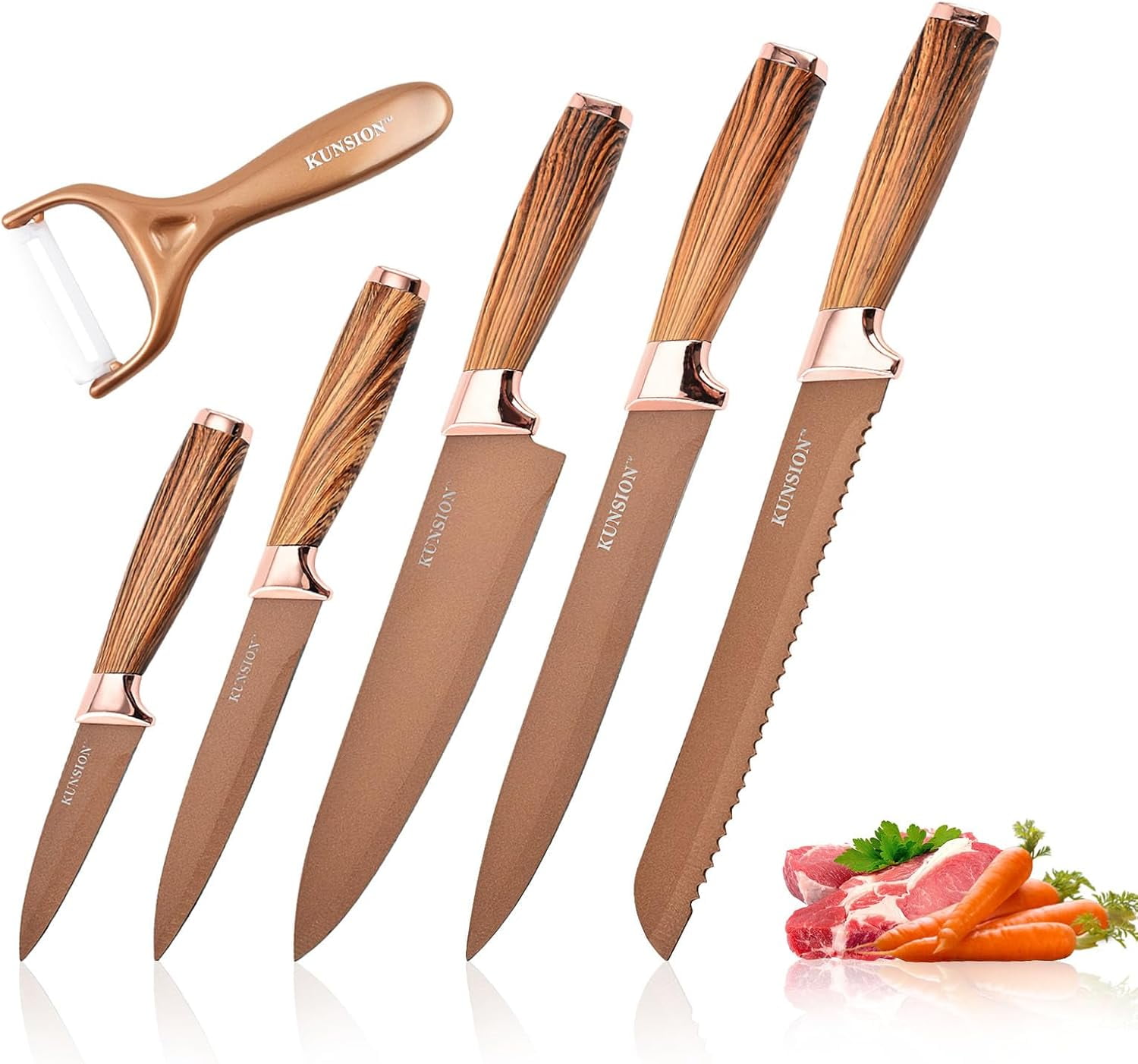 Kitchen Knife Set, 6PCS Ultra-Sharp Gold Chef Knife Set with Ergonomic ...