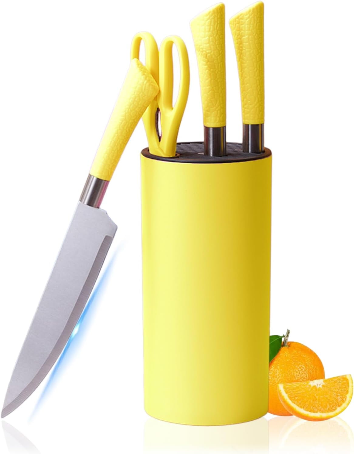 Kitchen Knife Set, 7 Pcs Yellow Cooking Knife Set with Round Block ...