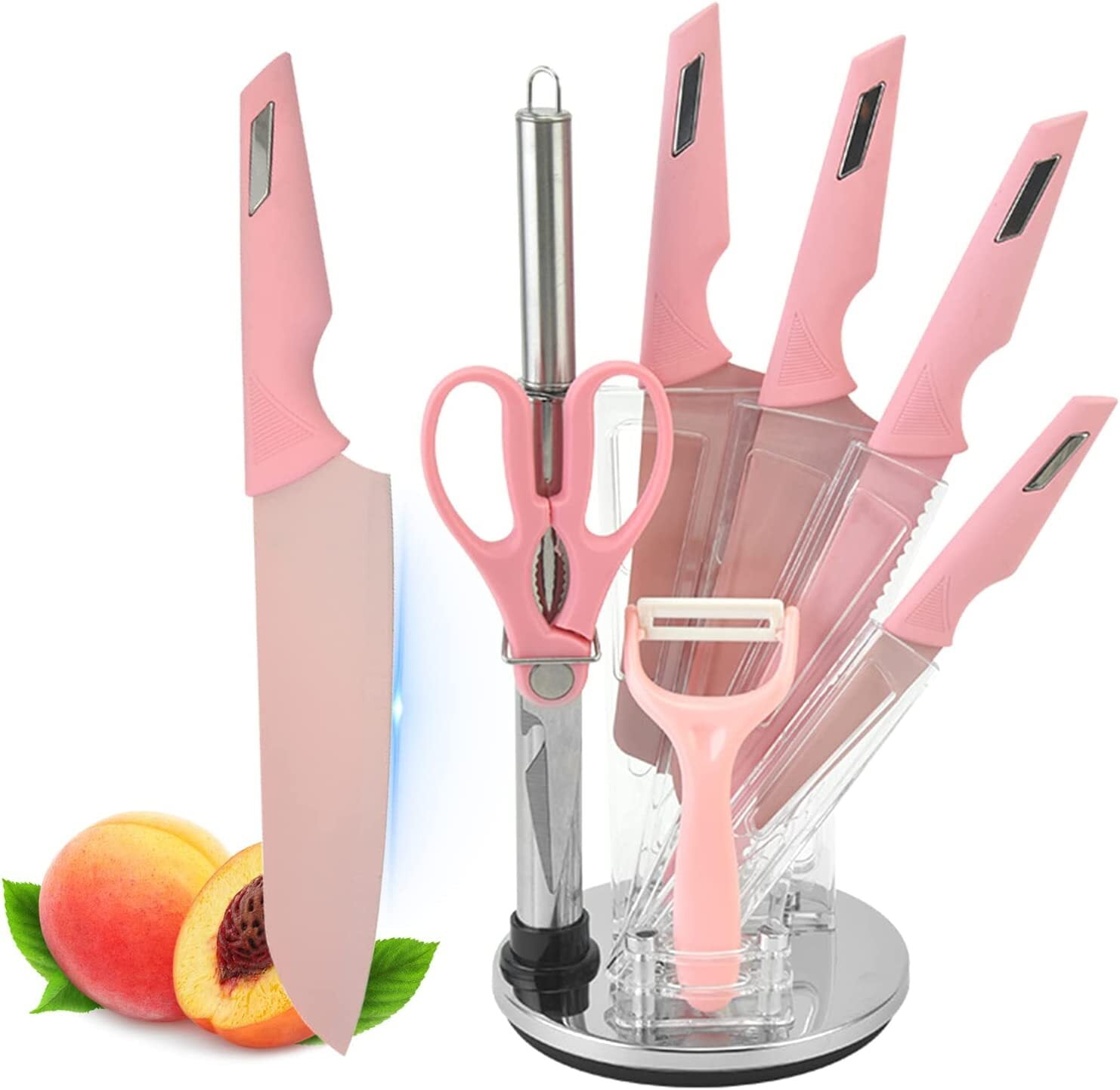 8-Piece Pink Kitchen Knife Set with Acrylic Stand, Ultra-Sharp, Non ...