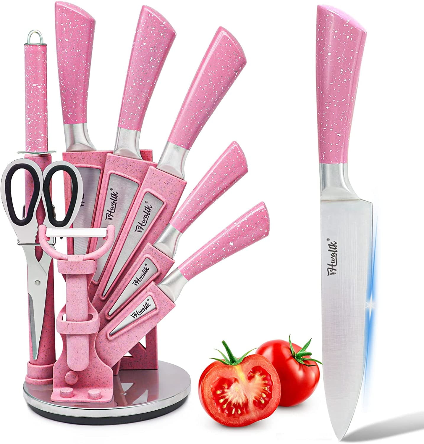 9PC Kitchen Knife Set, Pink Wheat Straw Handle with Acrylic Stand ...