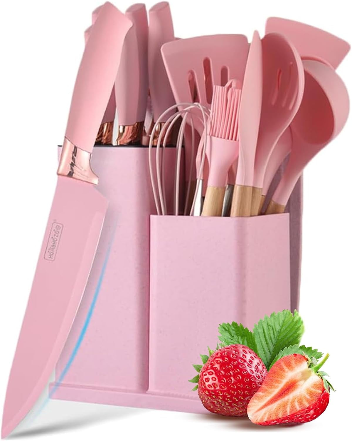 Peniguingy Pink 19PC Kitchen Knife and Silicone Utensil Set, Stainless ...