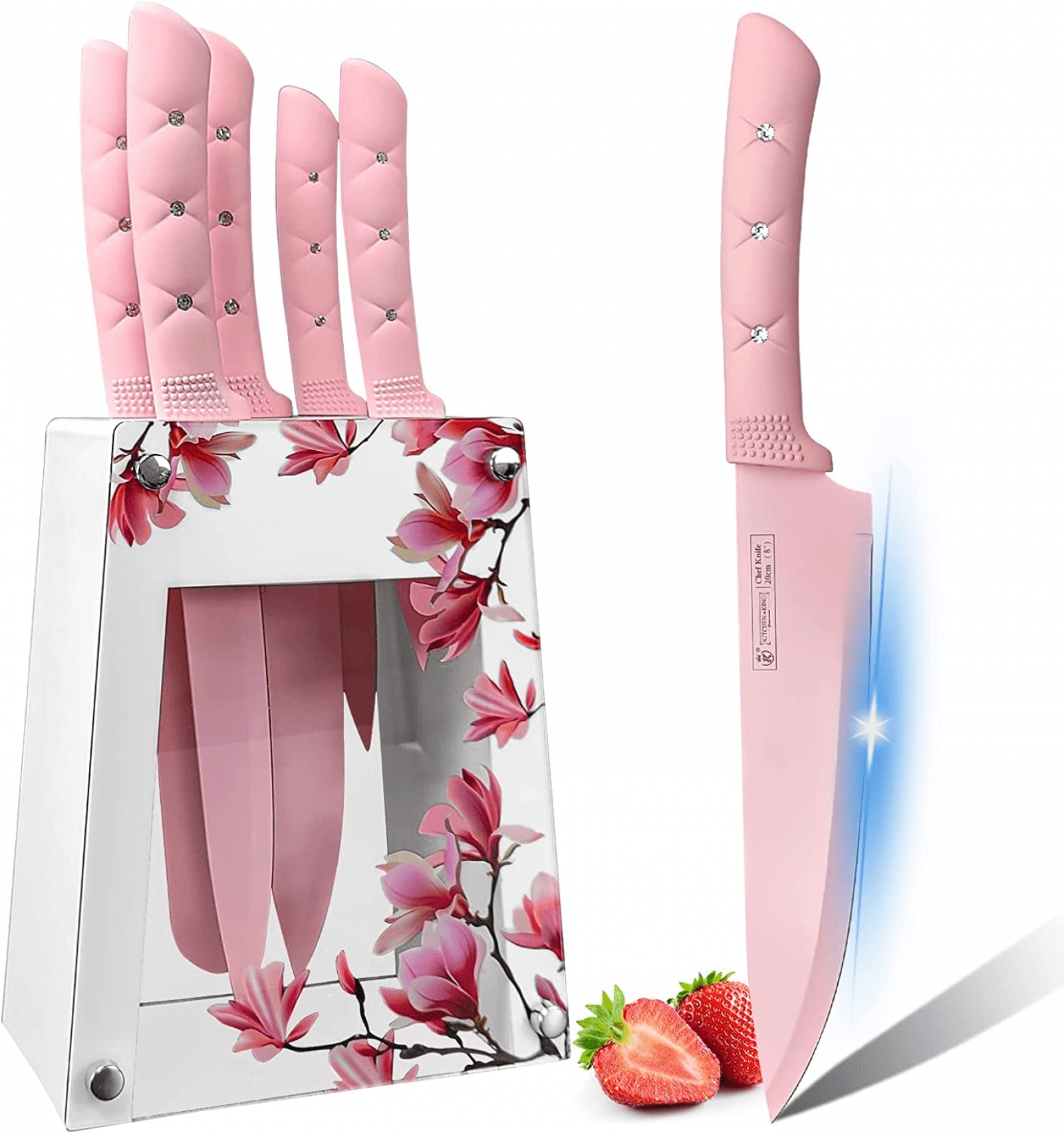 Caliamary 6PC Stainless Steel Chef Knife Set, Pink Flower Design, Non ...