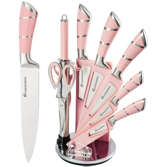 Kitchen Knife Set, Retrosohoo 9-Pieces Pink Sharp Non-Stick Coated Chef ...