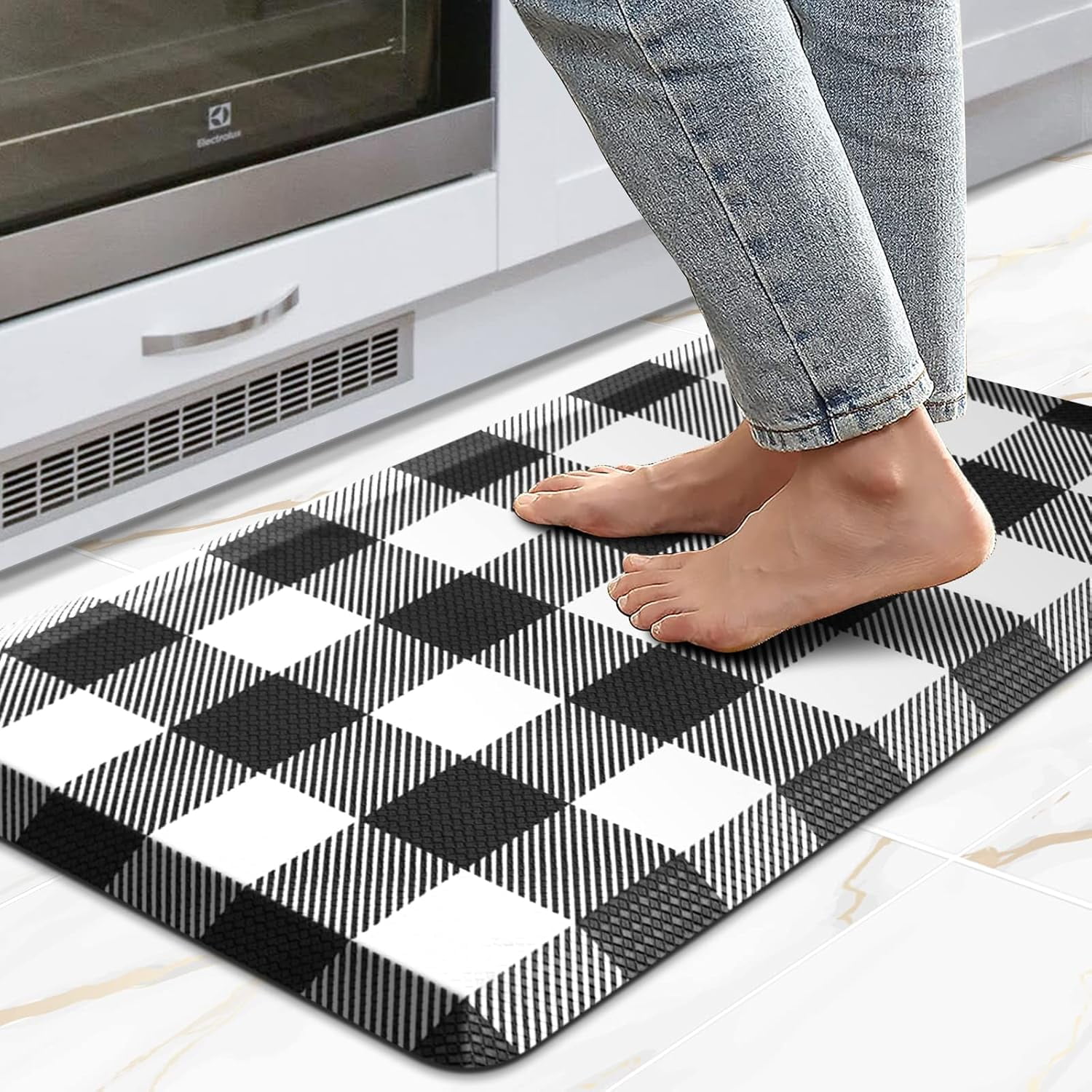 Kitchen Mat Anti Fatigue Cushioned Black and White Buffalo Plaid ...
