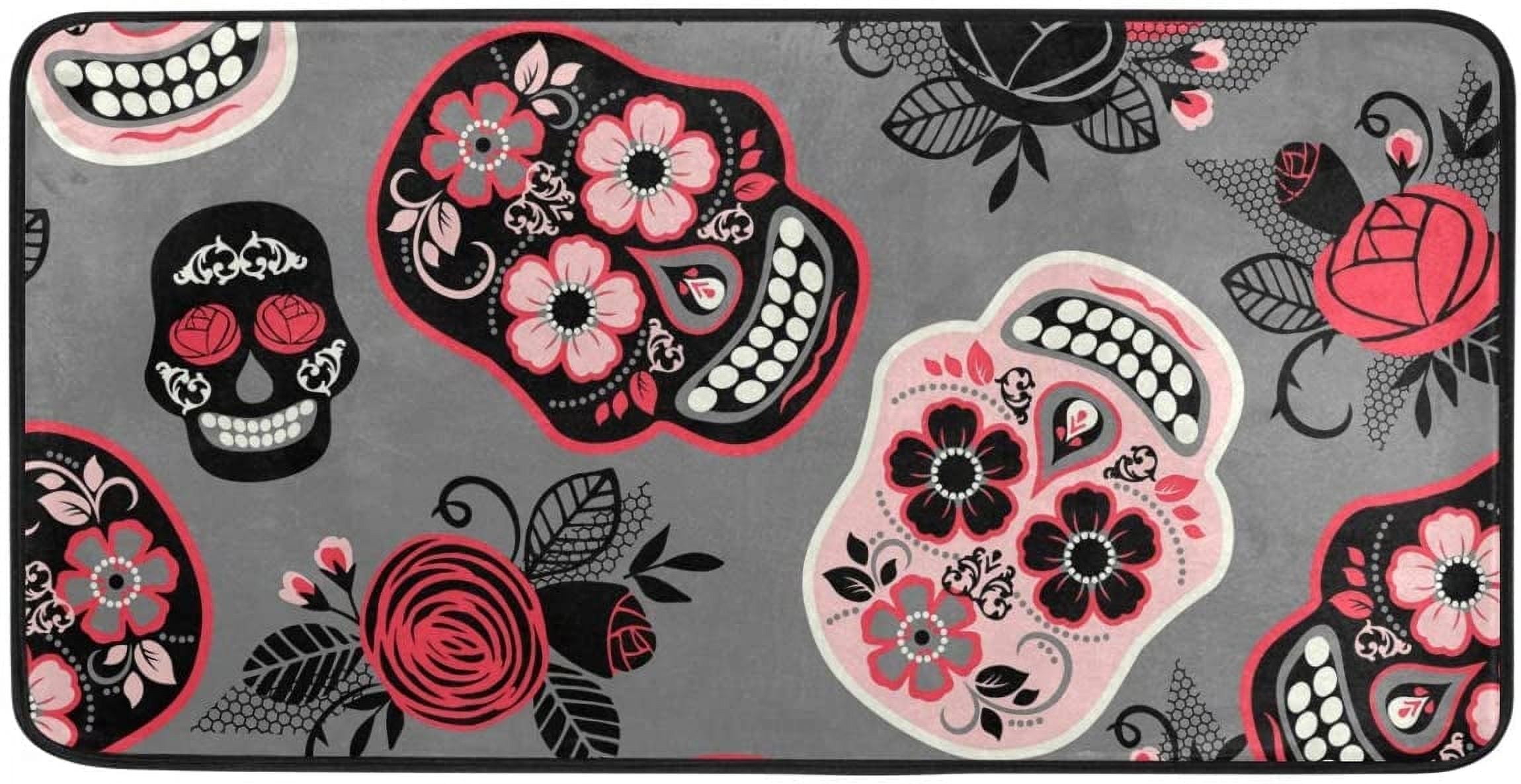 Kitchen Mat Mexican Sugar Skulls Rose Flowers Kitchen Rug Mat Anti ...