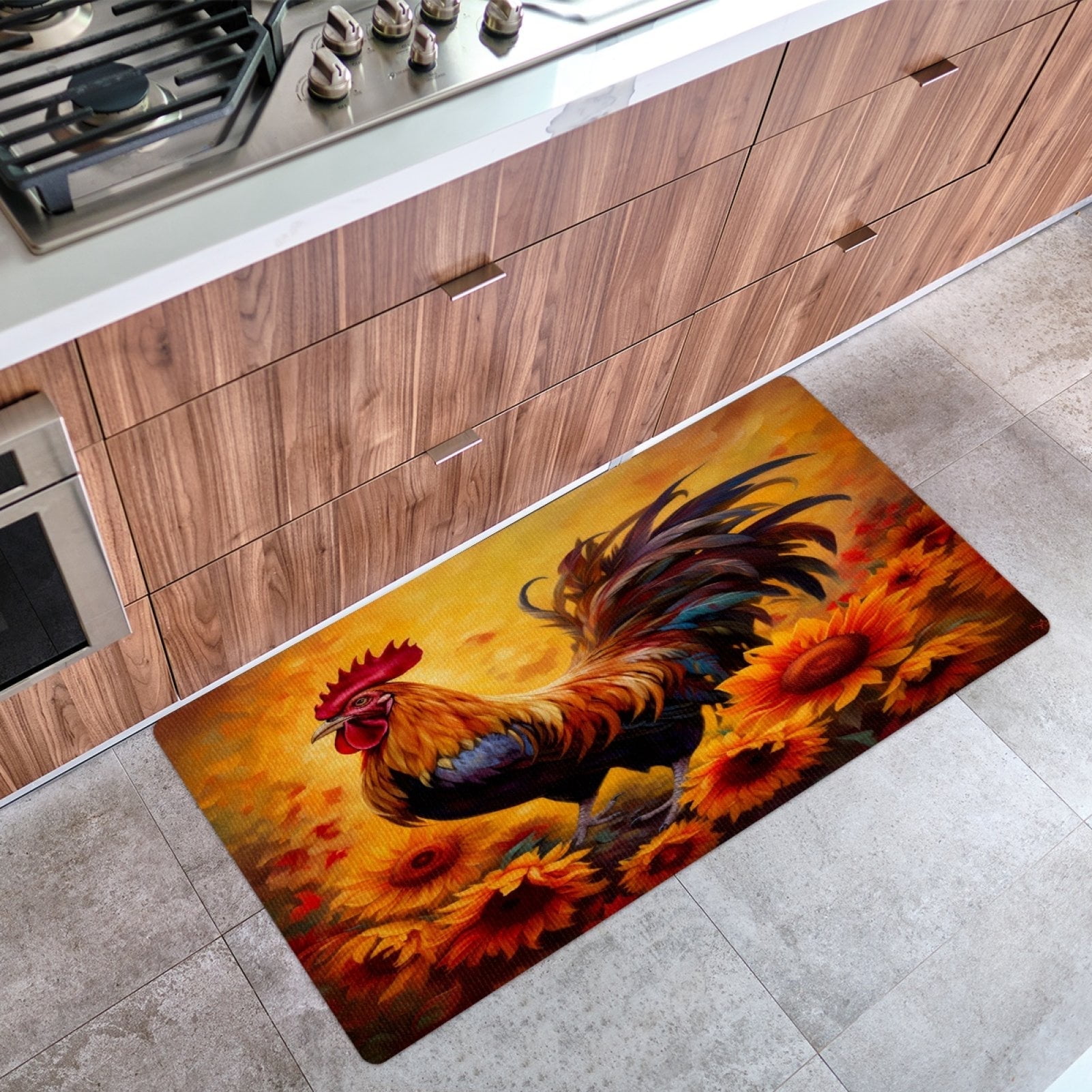 Kitchen Mat Rooster Sunflowers, Cushioned Anti-Fatigue Kitchen Rug, Non ...
