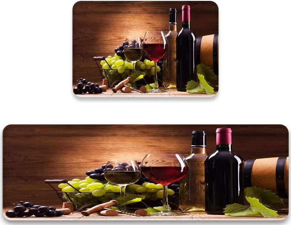 Kitchen Mat Set of 2 Glasses of Red and White Wine Served with Grapes ...
