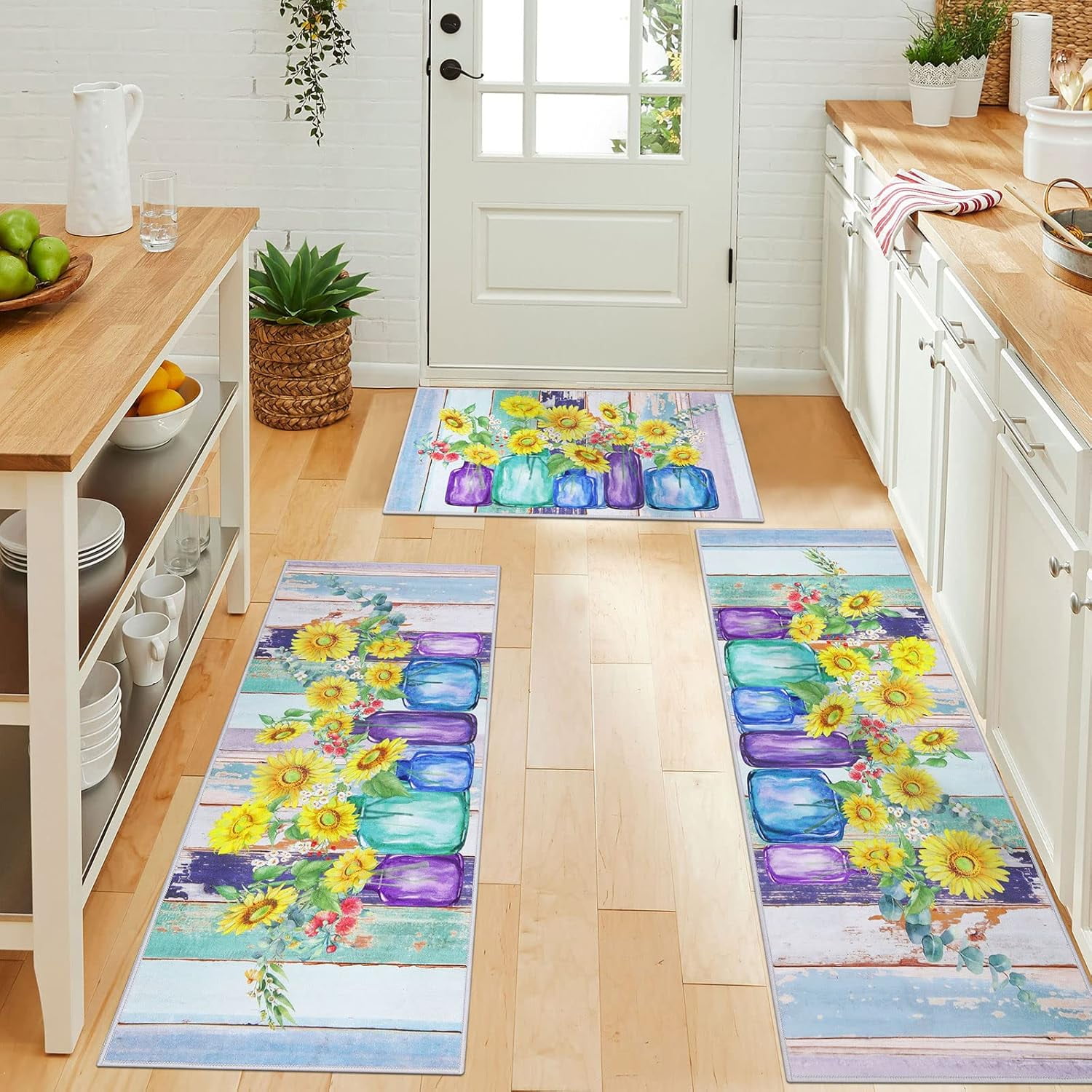 Kitchen Mat Set of 3, Sunflower Blooming in A Colorful Vase Decorative ...