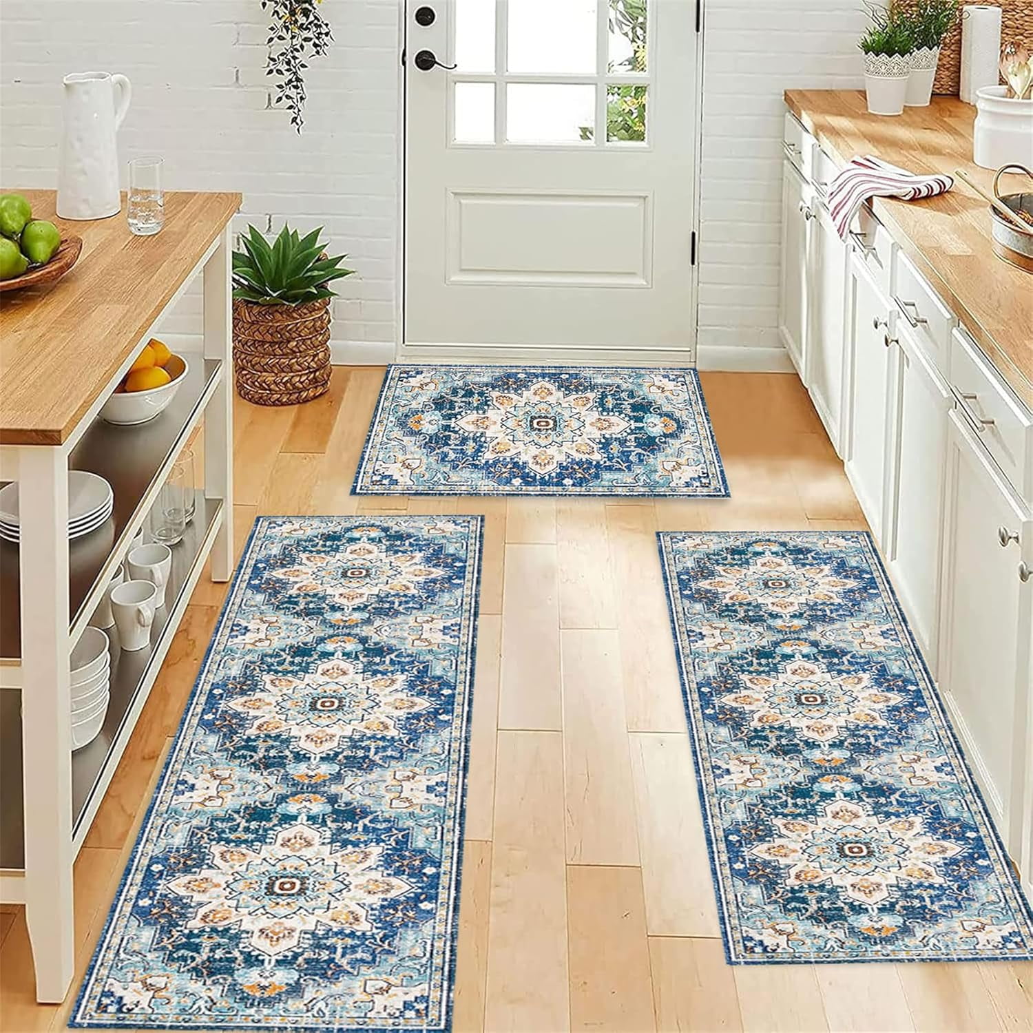 Kitchen Mat Sets of 3 Washable Kitchen Floor Rugs 3 Pieces Soft ...