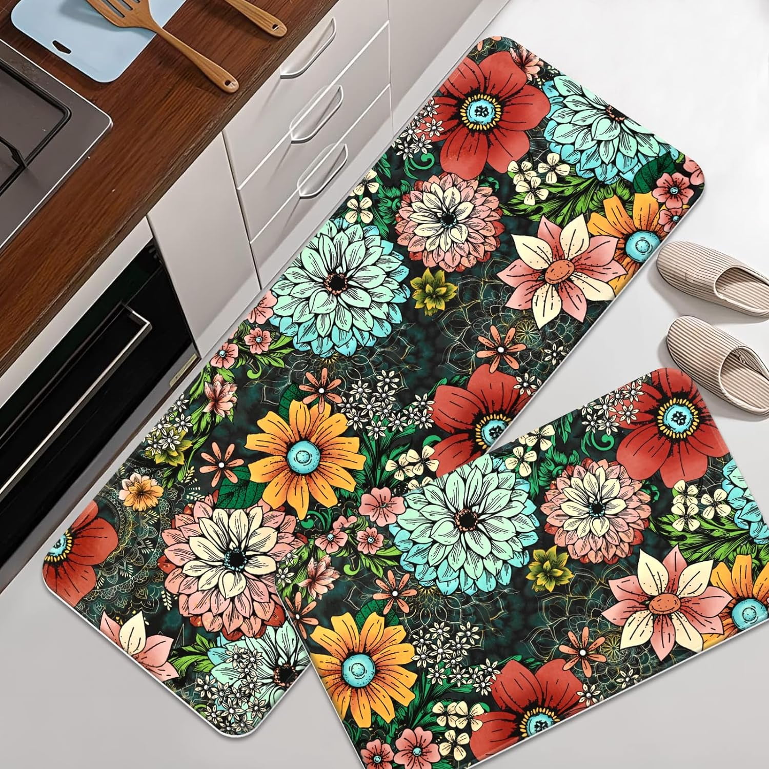 Kitchen Mats 2 PCS Boho Floral Kitchen Rugs Colorful Flowers Kitchen ...