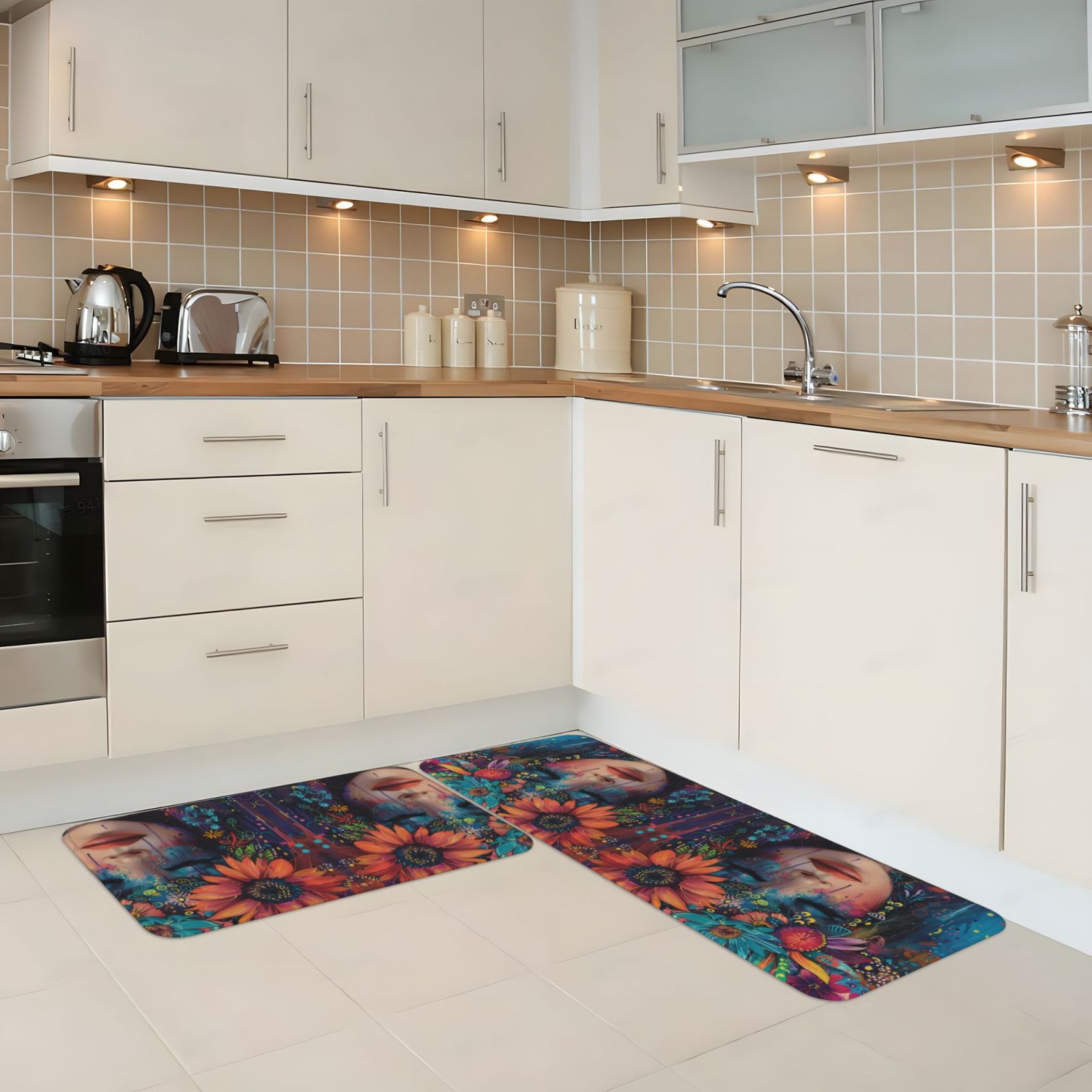 Kitchen Mats for Floor 2 Piece - Bohemian Colorful Flower Woman Anti ...