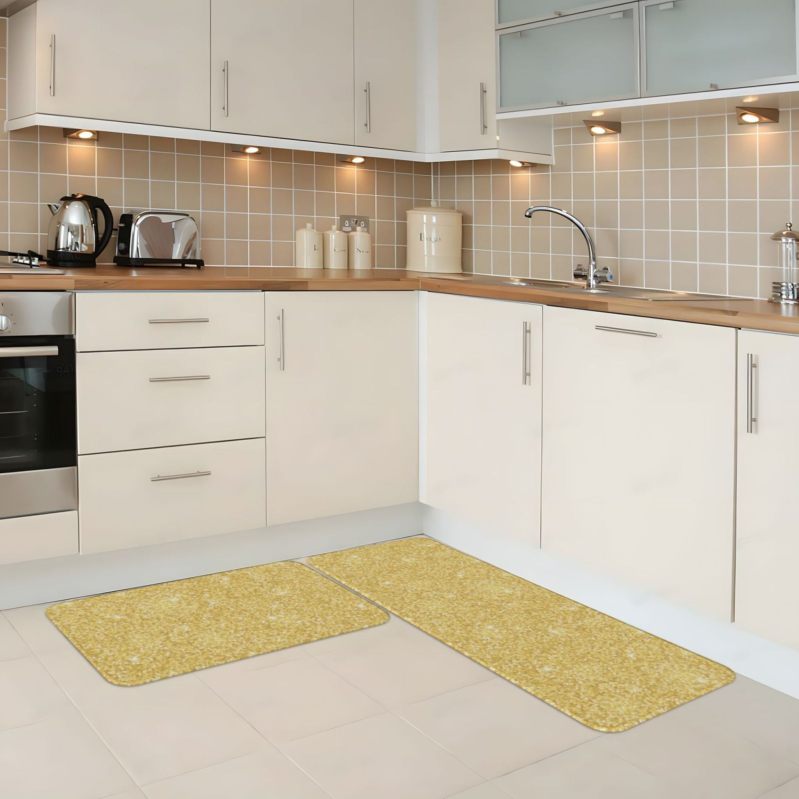 Kitchen Mats for Floor 2 Piece - Gold Glitter Lightning D Anti Fatigue ...