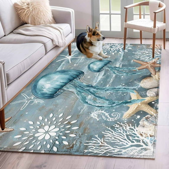 Kitchen Mats for Floor 3x5 Ft, Teal Coastal Jellyfish Non Slip Area ...