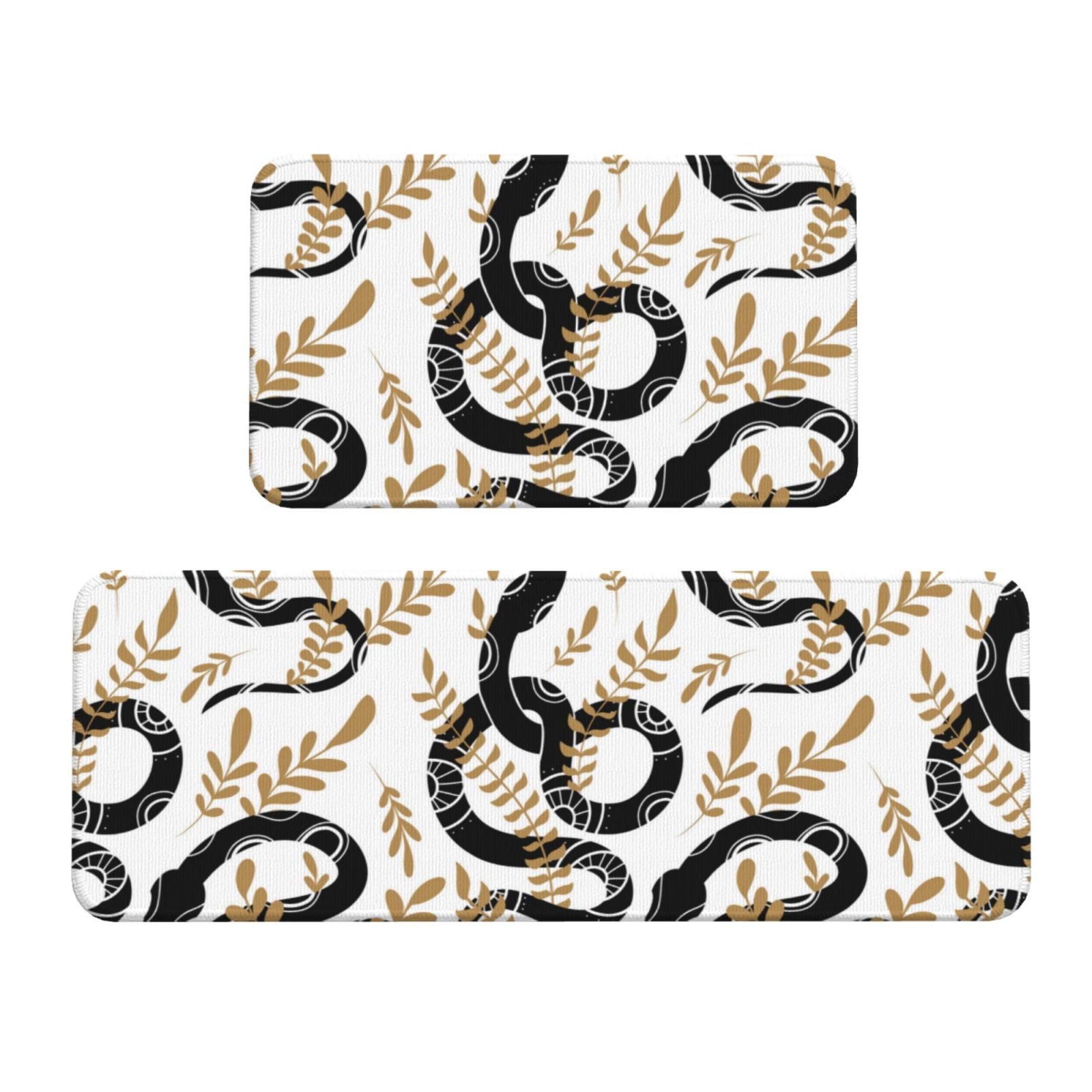 Kitchen Mats for Floor Cartoon Black Cute Snake Leaves 2PCS Waterproof ...