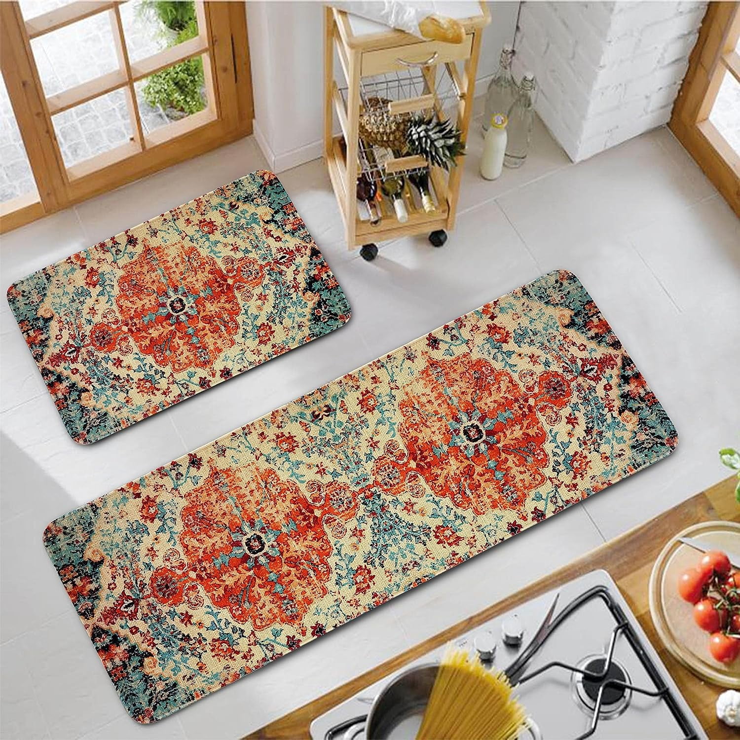Kitchen Mats for Floor Set of 2 Pieces Bohemian Floral Medallion ...