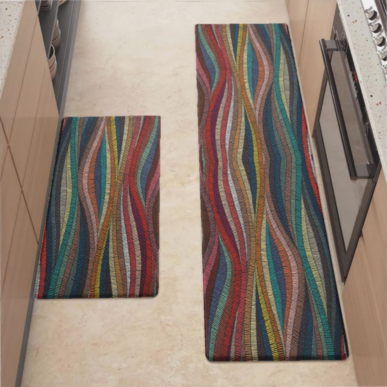 Kitchen Mats For Floor,70s Retro Colorful Wavy Kitchen Rug For Kitchen ...