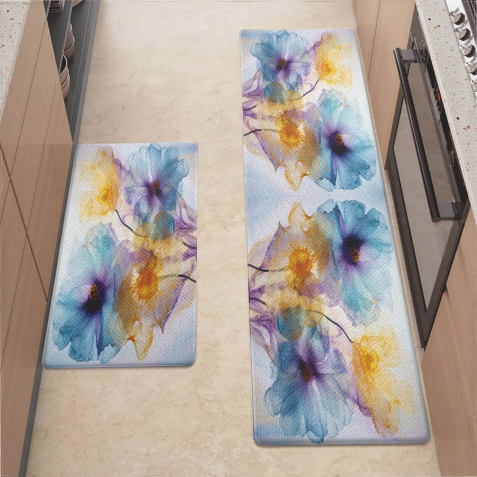 Kitchen Mats For Floor,Abstract Xray Flowers Collection Yellow Purple ...