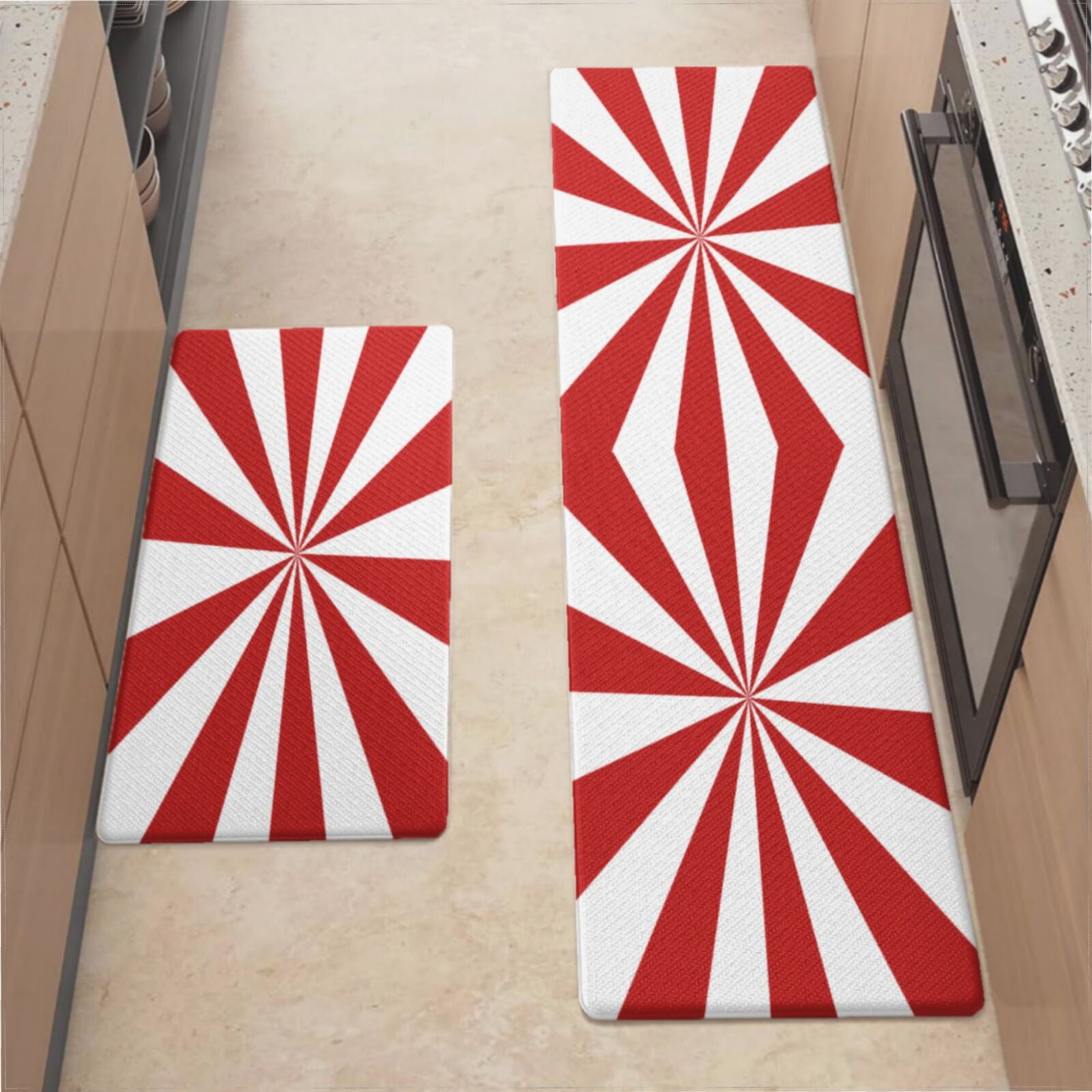 Kitchen Mats For Floor,Aesthetic Raspberry Red And White Sunburst ...