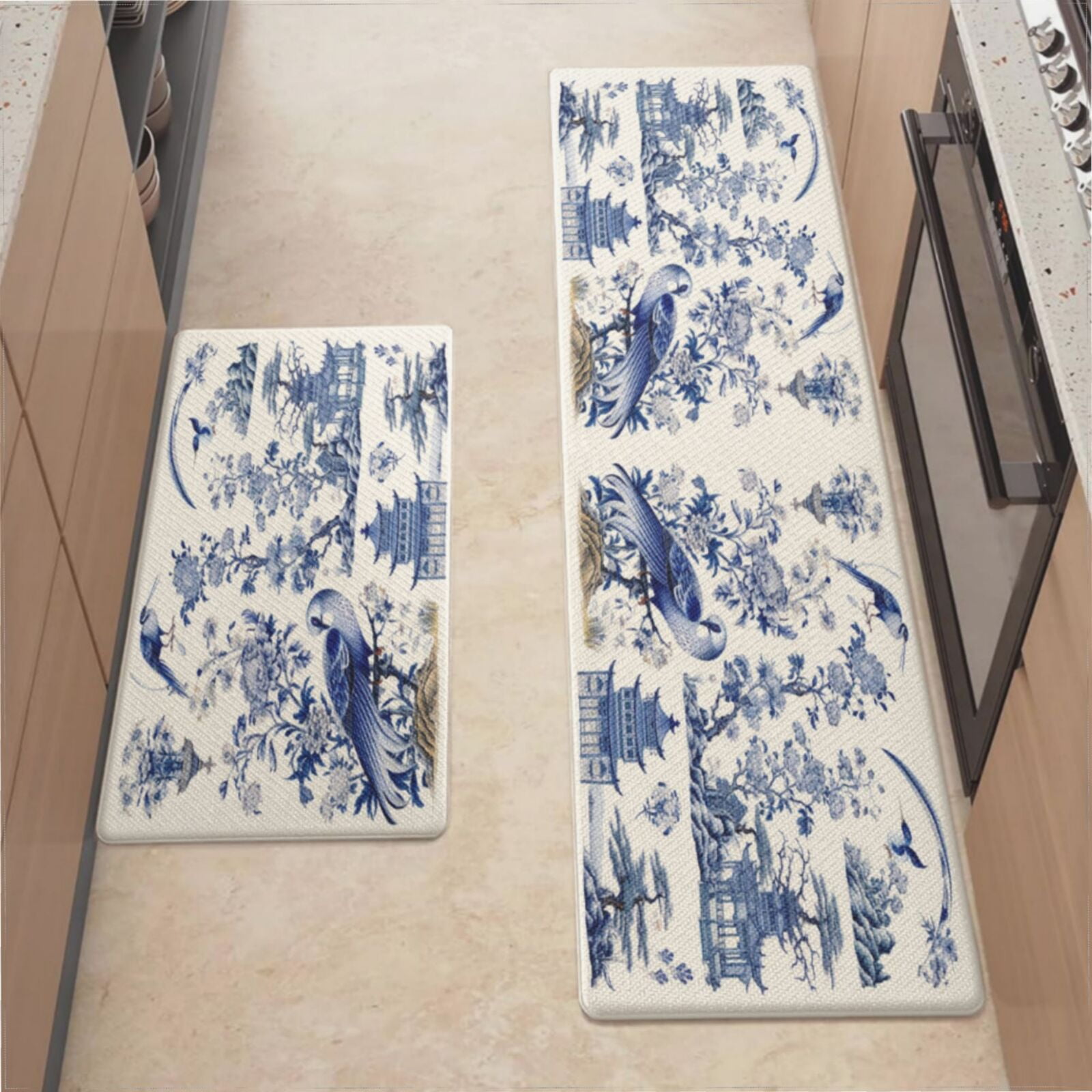 Kitchen Mats For Floor,Blue Chinoiserie Toile Beautiful Bird Kitchen ...