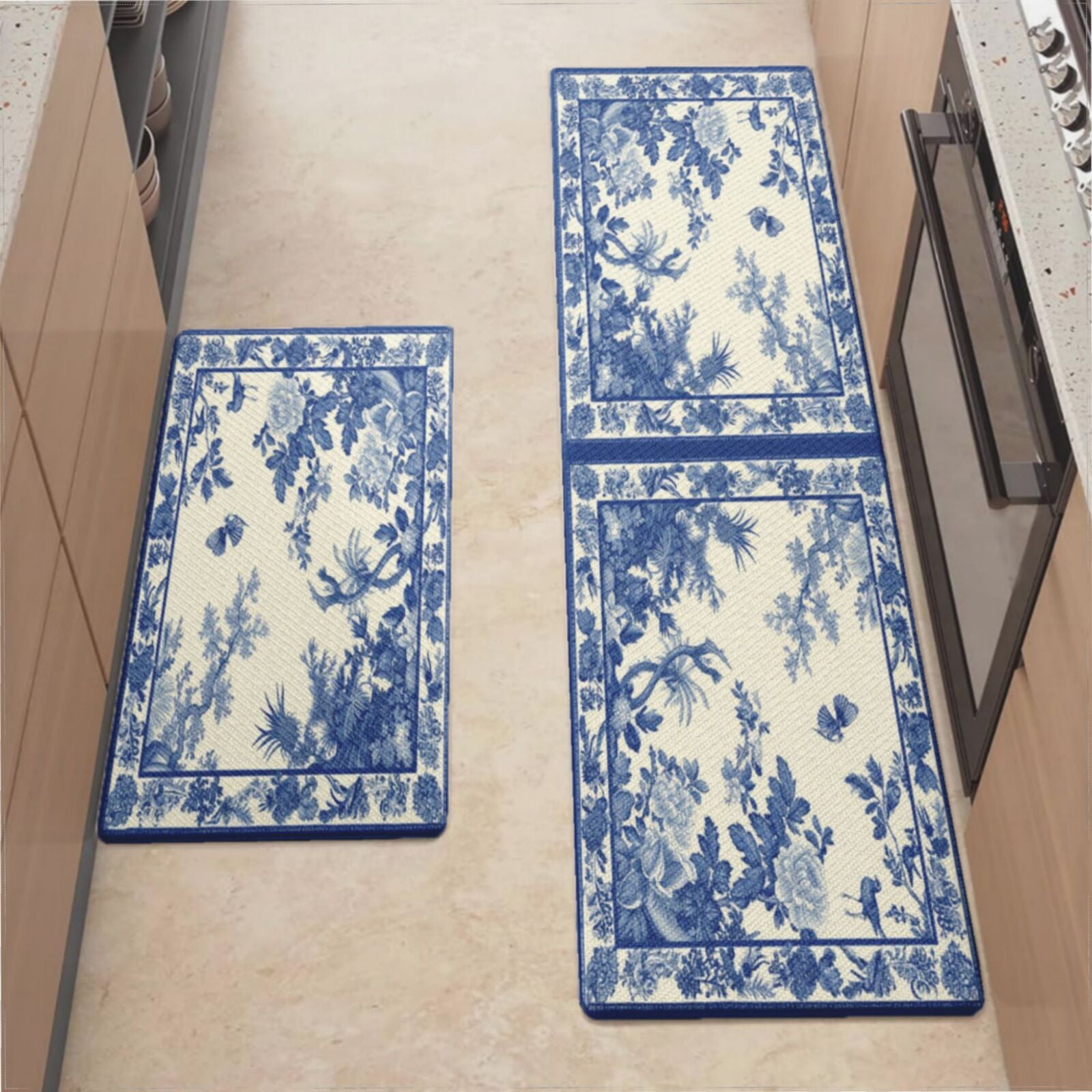 Kitchen Mats For Floor,Blue Chinoiserie Toile Flowers Butterfly Bird ...