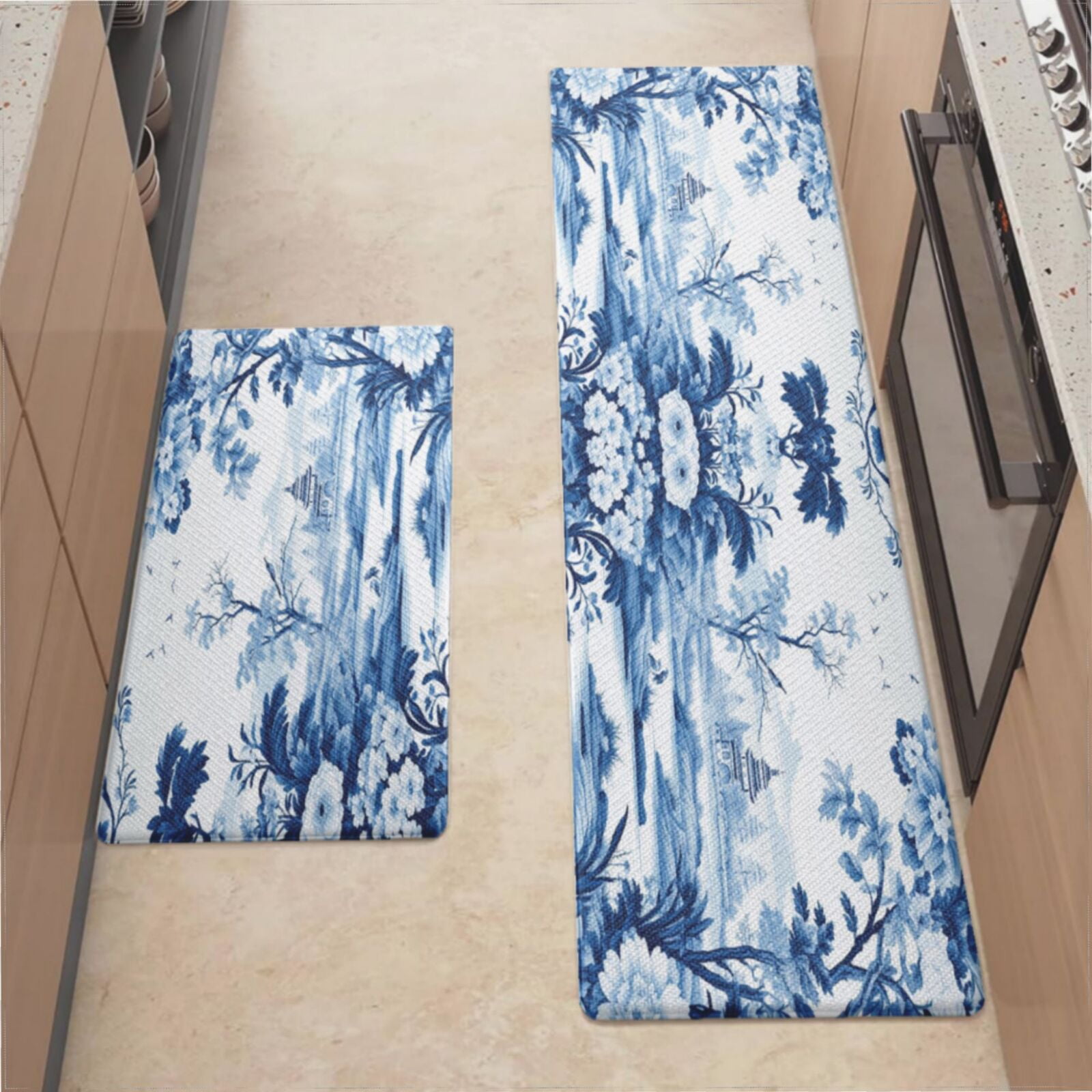 Kitchen Mats For Floor,Blue Chinoiserie Toile Flowers Kitchen Rug For ...