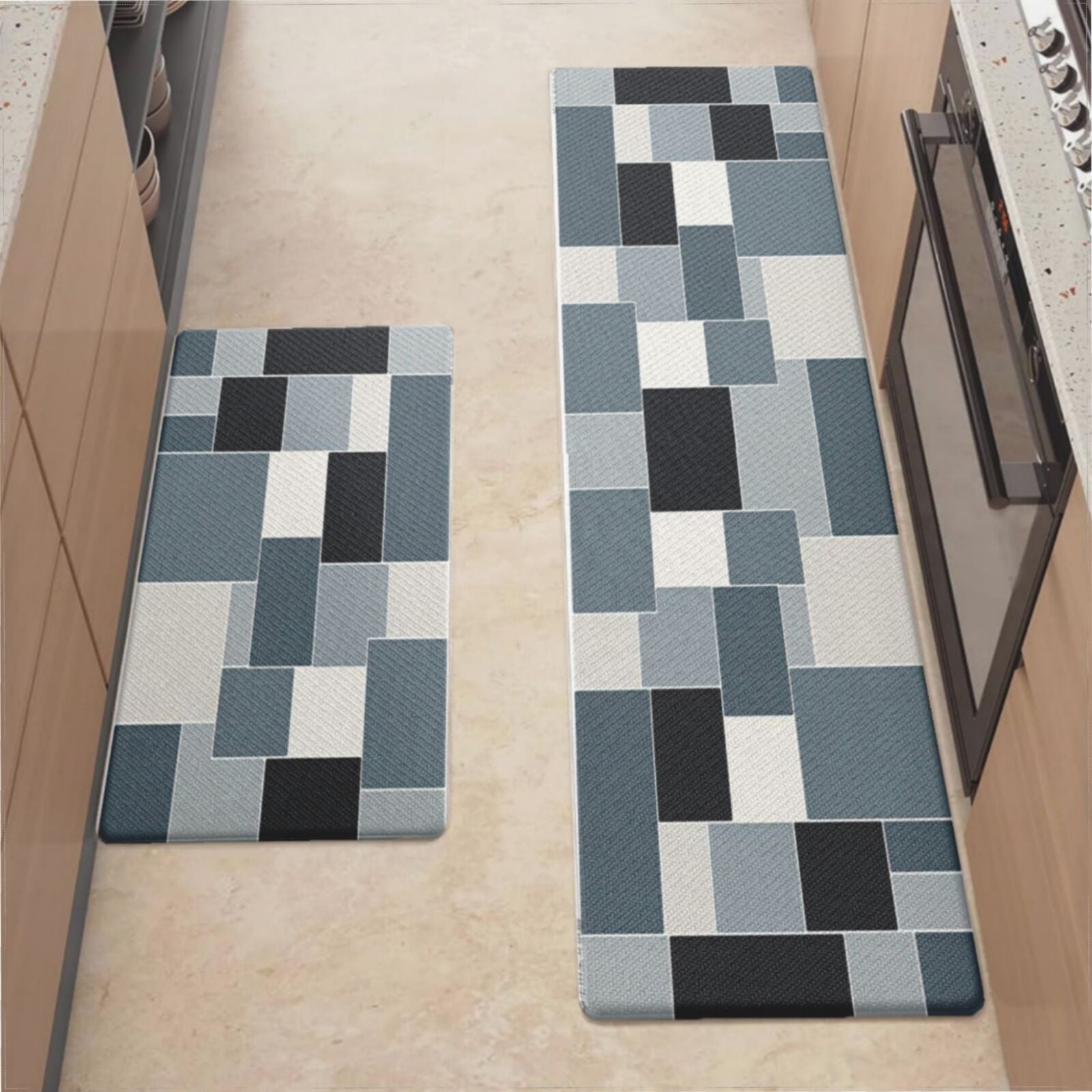Kitchen Mats For Floor,Blue Geometric Art,Black And White Blue Kitchen ...