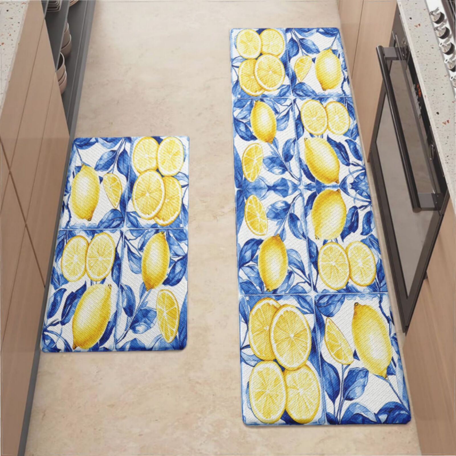 Kitchen Mats For Floor,Blue Leaves And Lemons Pattern Kitchen Rug For ...