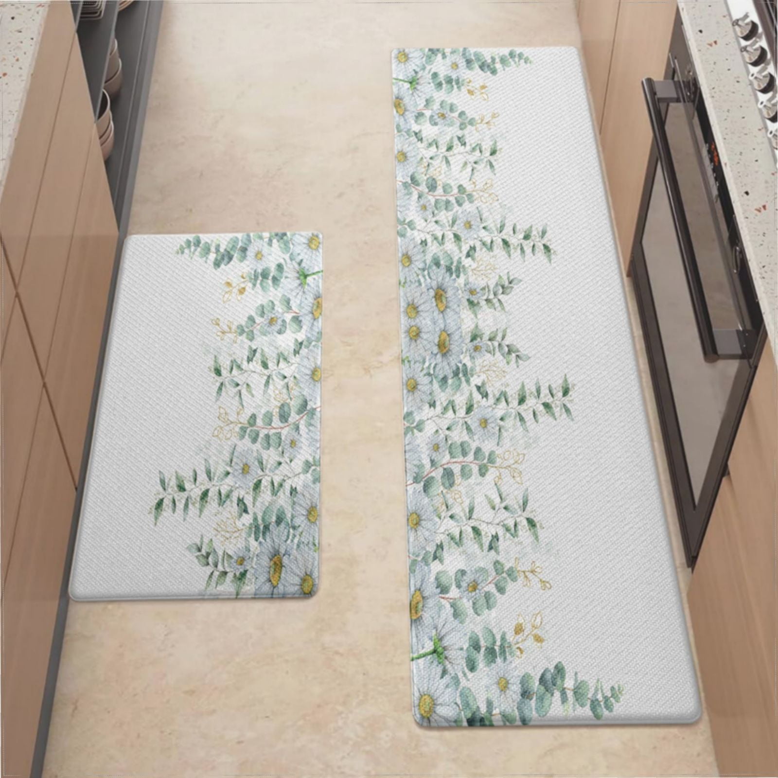 Kitchen Mats For Floor,Daisy Flower Eucalyptus Leaves Summer Farm Plant ...