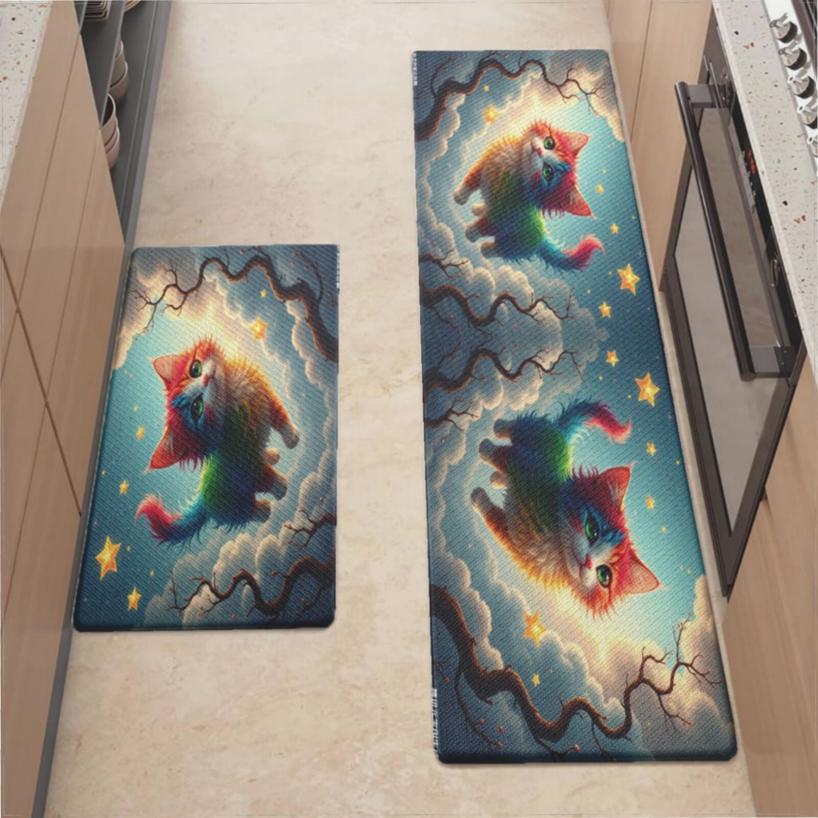 Kitchen Mats For Floor,Fantasy Harlequin Cats Flying Kitchen Rug For ...