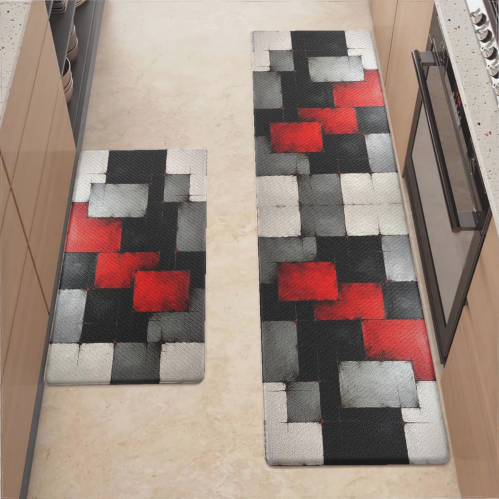 Kitchen Mats For Floor,Geometric Modern Art Red Gray Black Kitchen Rug ...