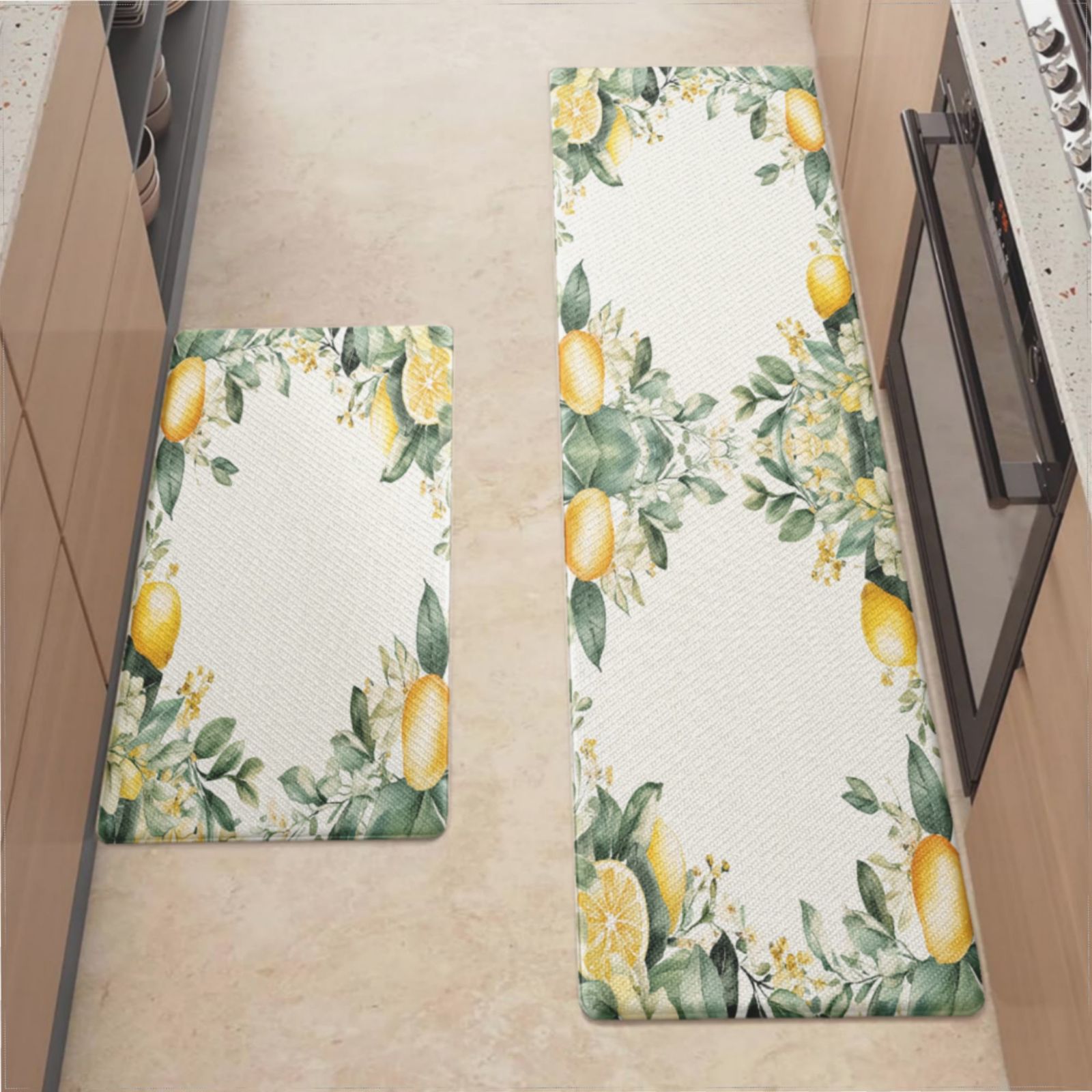 Kitchen Mats For Floor,Lemon Floral Border Print Kitchen Rug For ...
