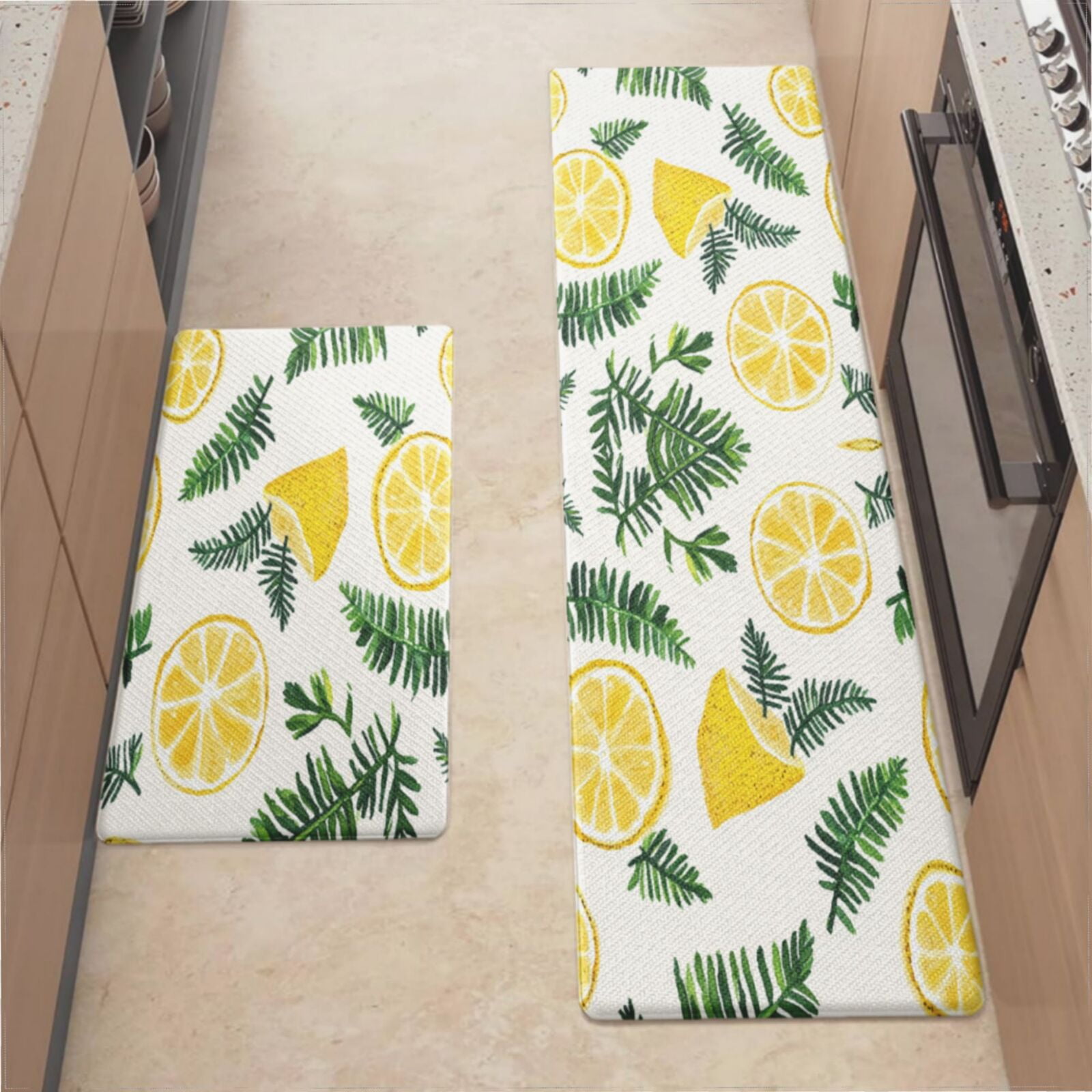 Kitchen Mats For Floor,Lemon Slices And Fern Leaves Pattern Kitchen Rug ...