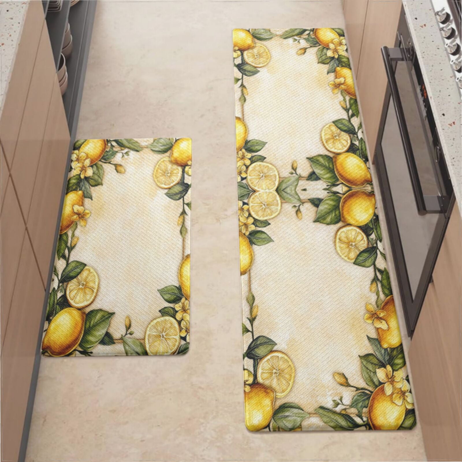 Kitchen Mats For Floor,Lemons And Flowers Border Kitchen Rug For ...