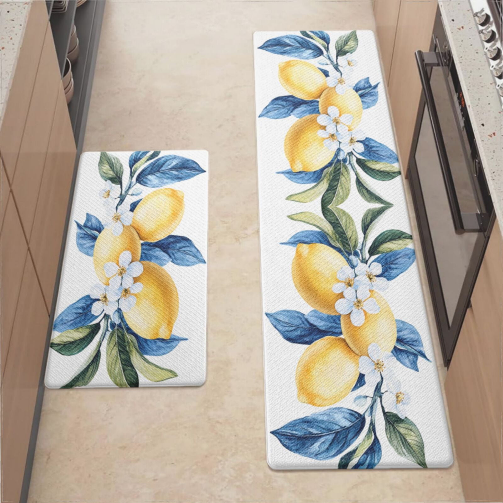 Kitchen Mats For Floor,Lemons With Blue Leaves And White Flowers (2 ...