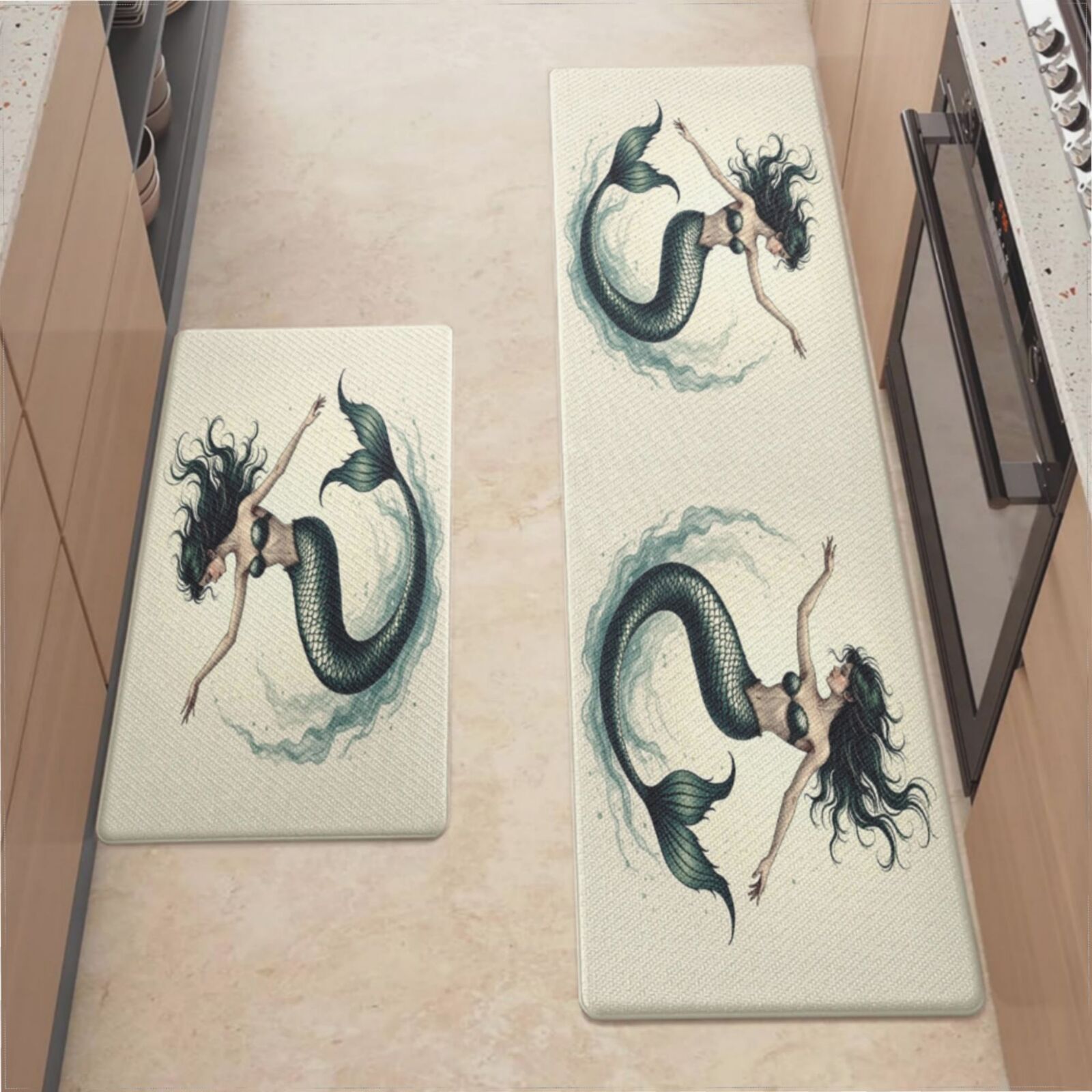 Kitchen Mats For Floor,Long-Haired Mermaid Dancing Kitchen Rug For ...