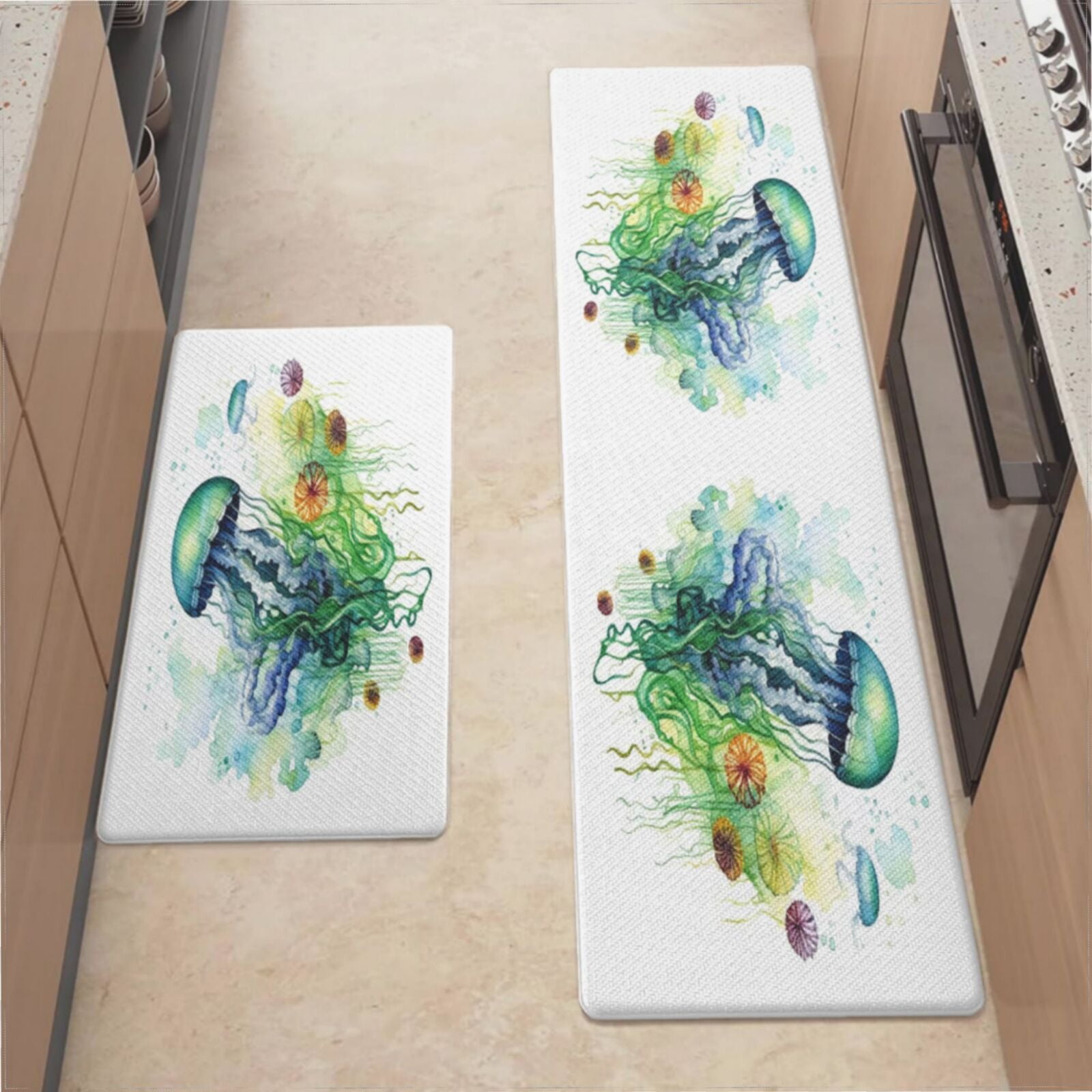 Kitchen Mats For Floor,Marine Life Jellyfish Green Kitchen Rug For ...