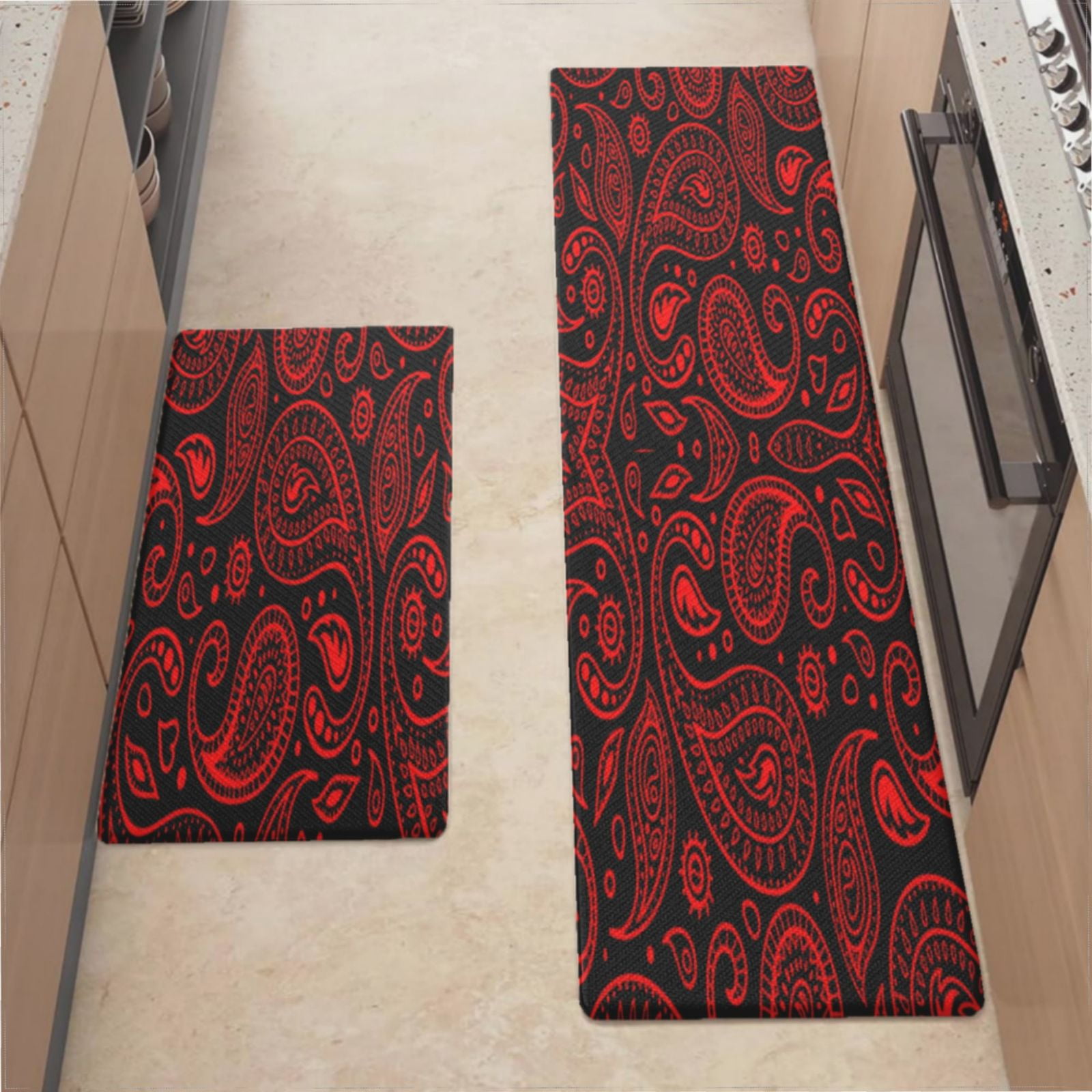 Kitchen Mats For Floor,Paisley Pattern Red On Black Background Bandana ...