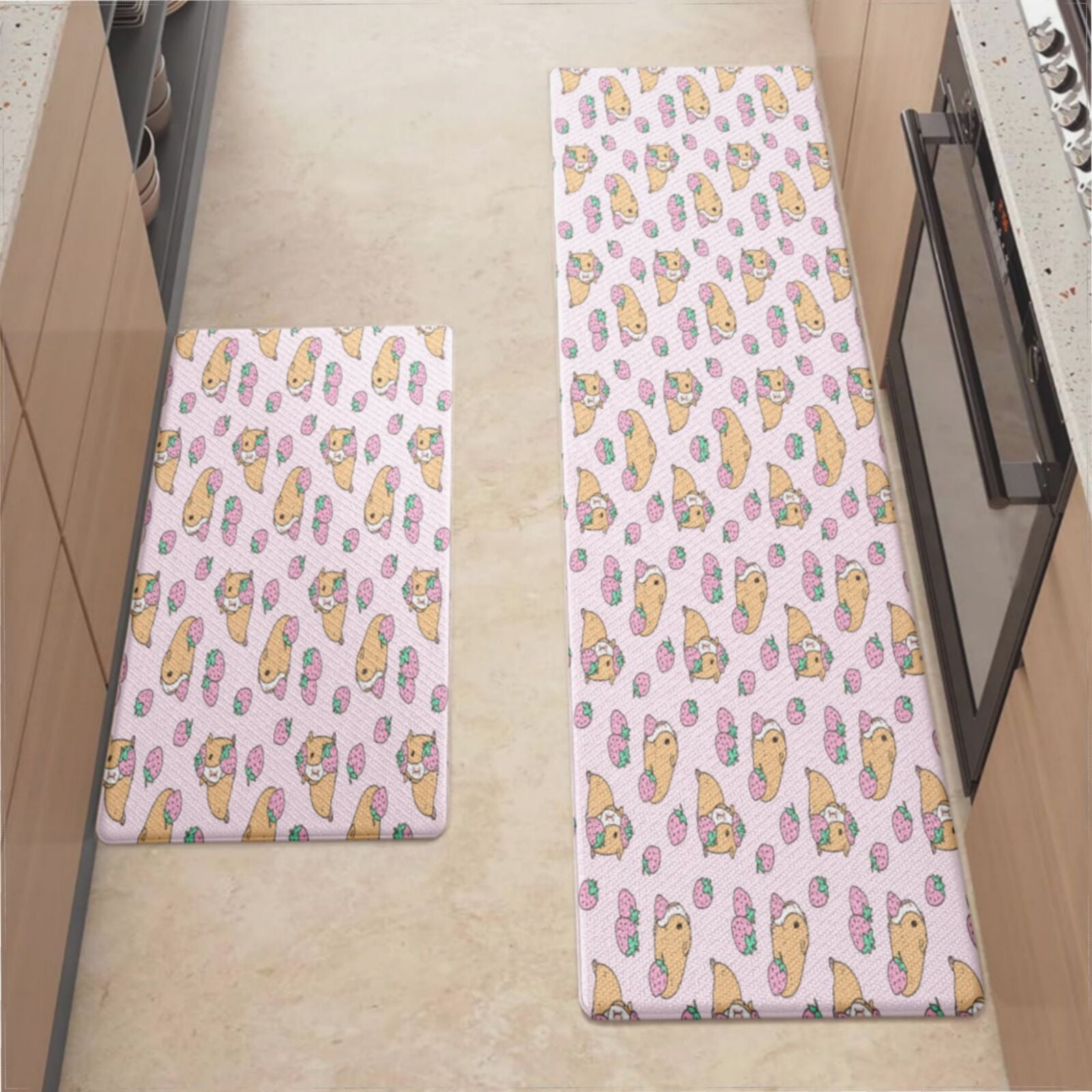 Kitchen Mats For Floor,Pink Guinea Pig And Strawberry Pattern Kitchen ...
