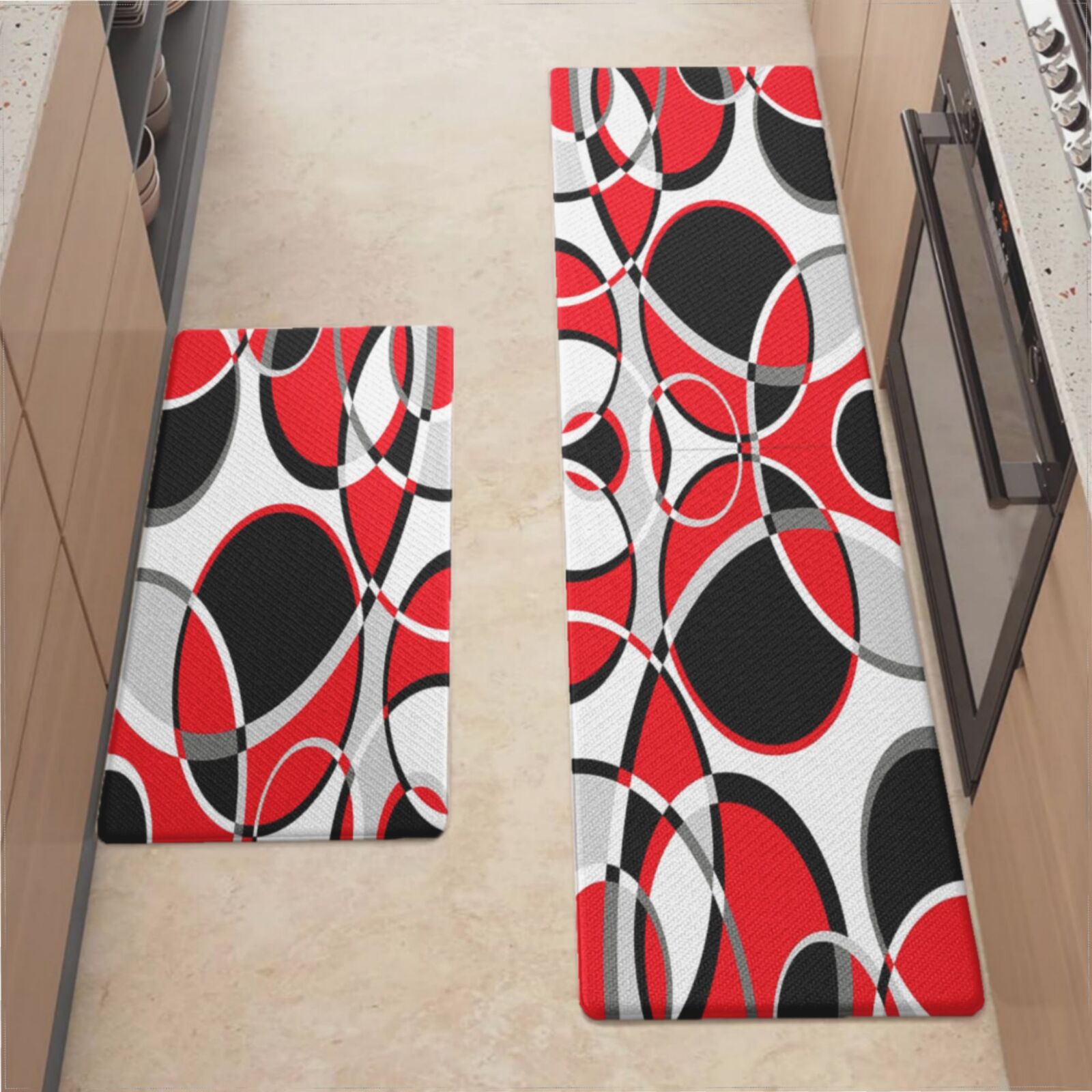 Kitchen Mats For Floor,Red Grey Black Geometric Art Modern Abstract ...