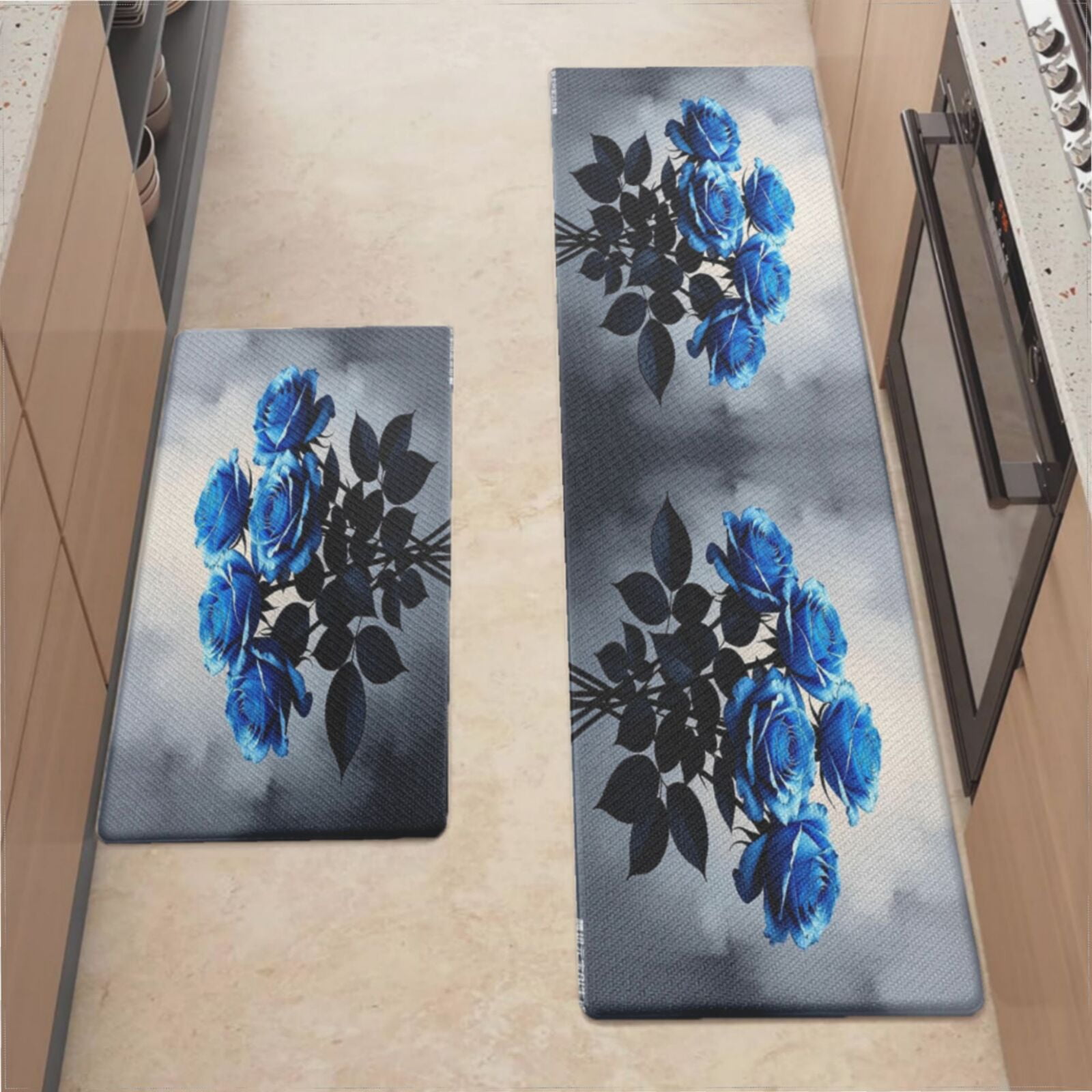 Kitchen Mats For Floor,Romantic Blue Rose Butterfly White And Grey ...