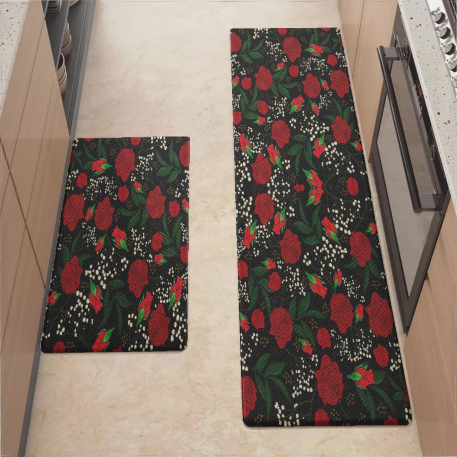 Kitchen Mats For Floor,Roses Buds Leaves Black Kitchen Rug For Kitchen ...