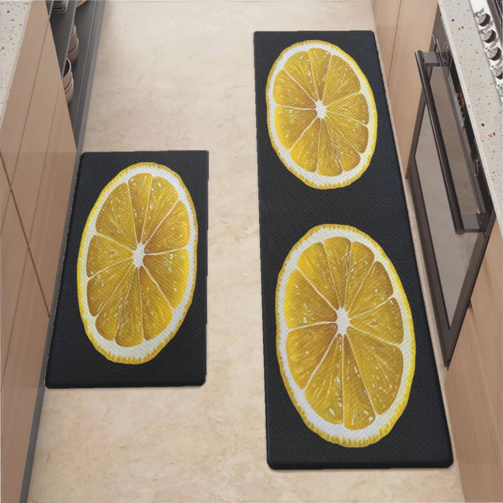 Kitchen Mats For Floor,Sliced Lemon On Black Background Kitchen Rug For ...