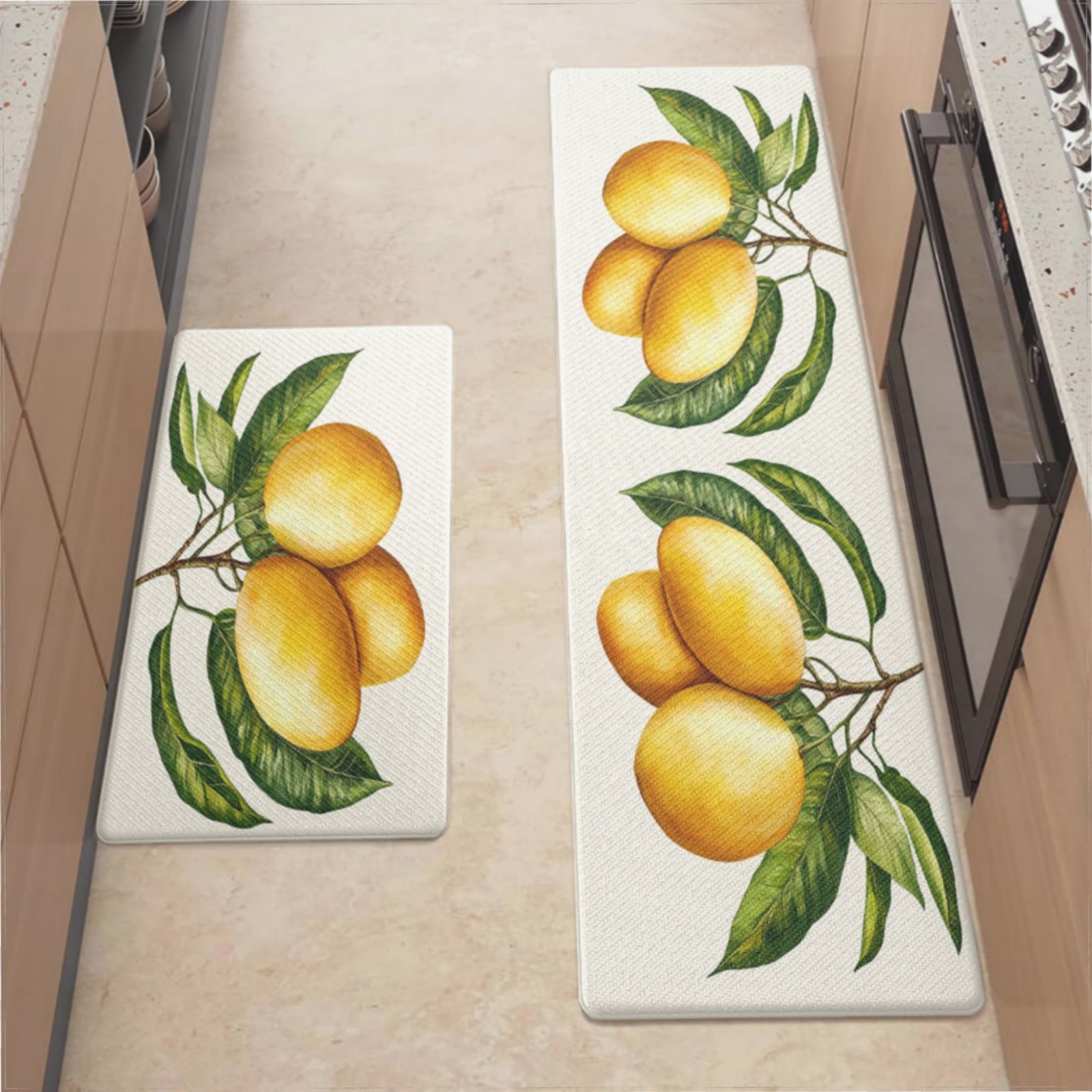 Kitchen Mats For Floor,Three Yellow Mangoes With Leaves Kitchen Rug For ...