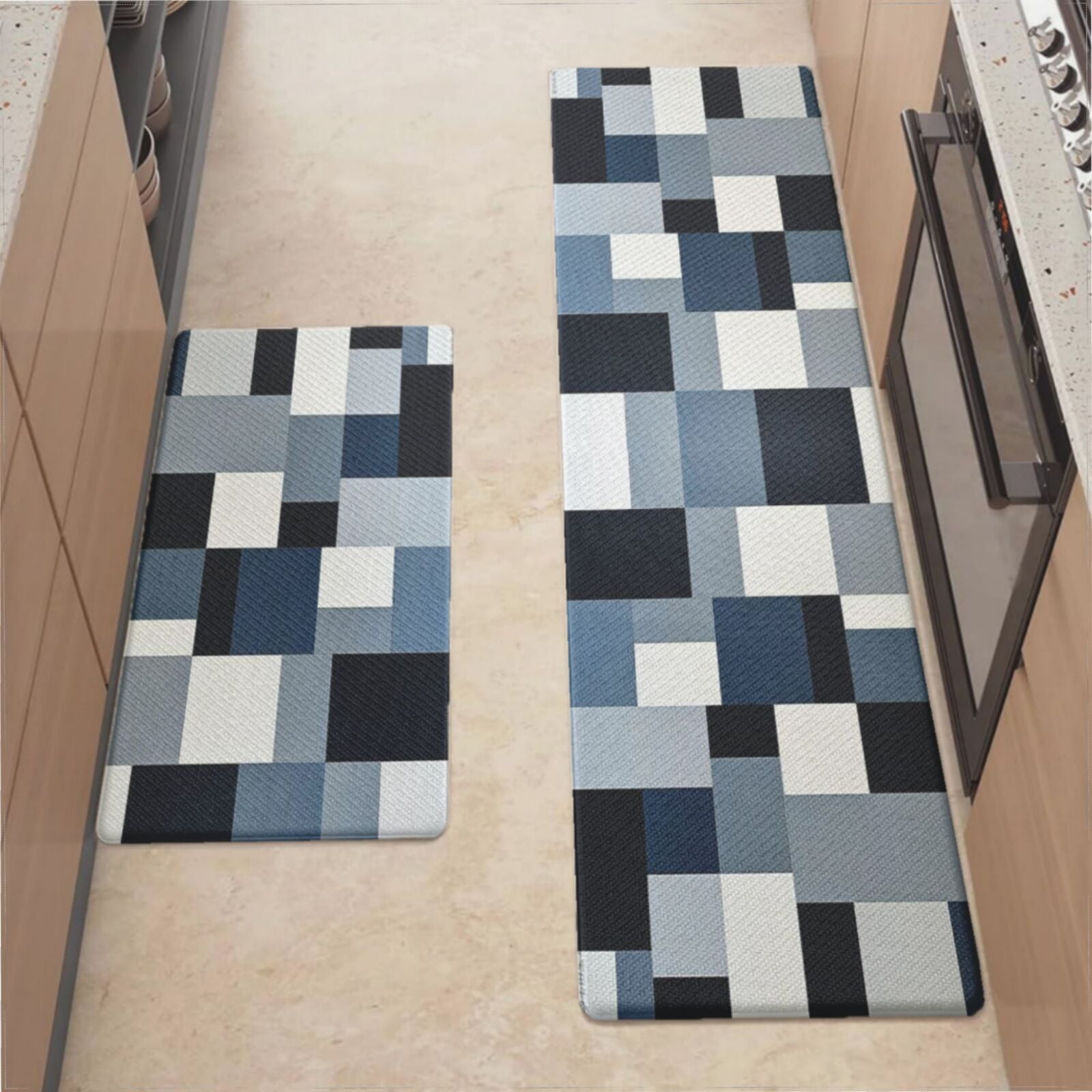 Kitchen Mats For Floor,Vinatge Geometric Abstract Art Gray Black Blue ...