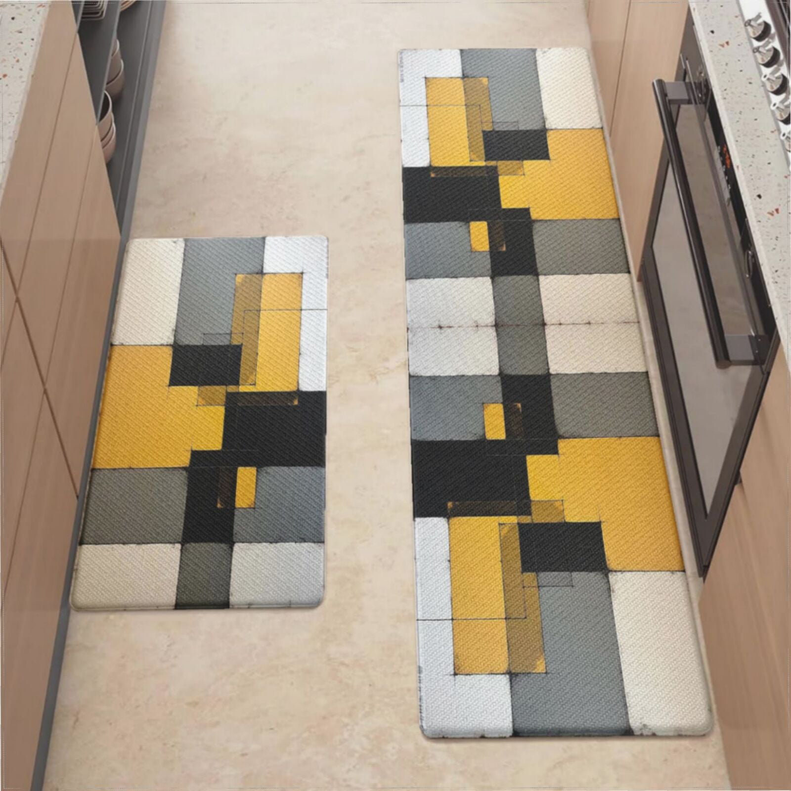 Kitchen Mats For Floor,Vinatge Geometric Abstract Art Yellow Gray Black ...