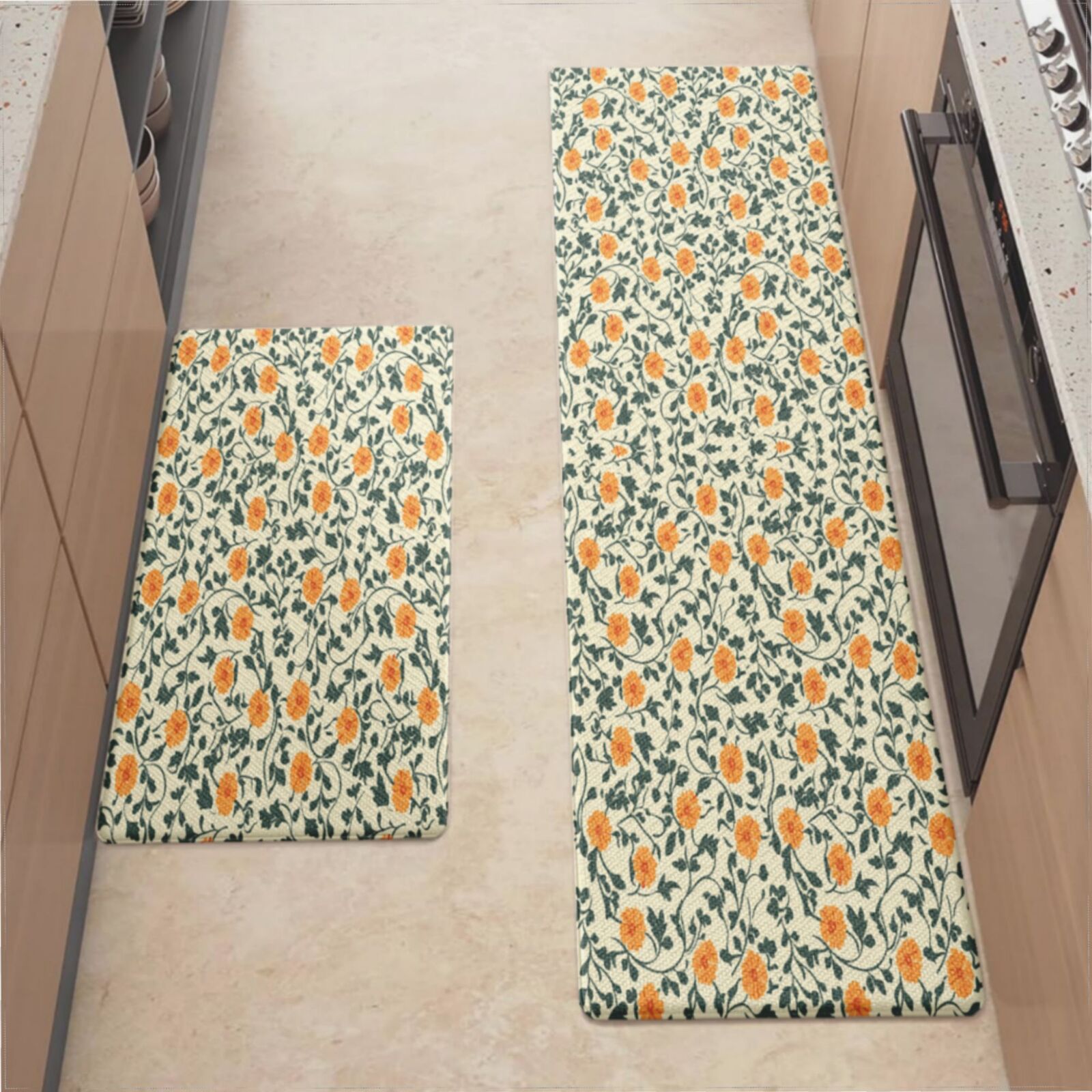 Kitchen Mats For Floor,Vintage Floral Pattern Beautiful Yellow Kitchen ...