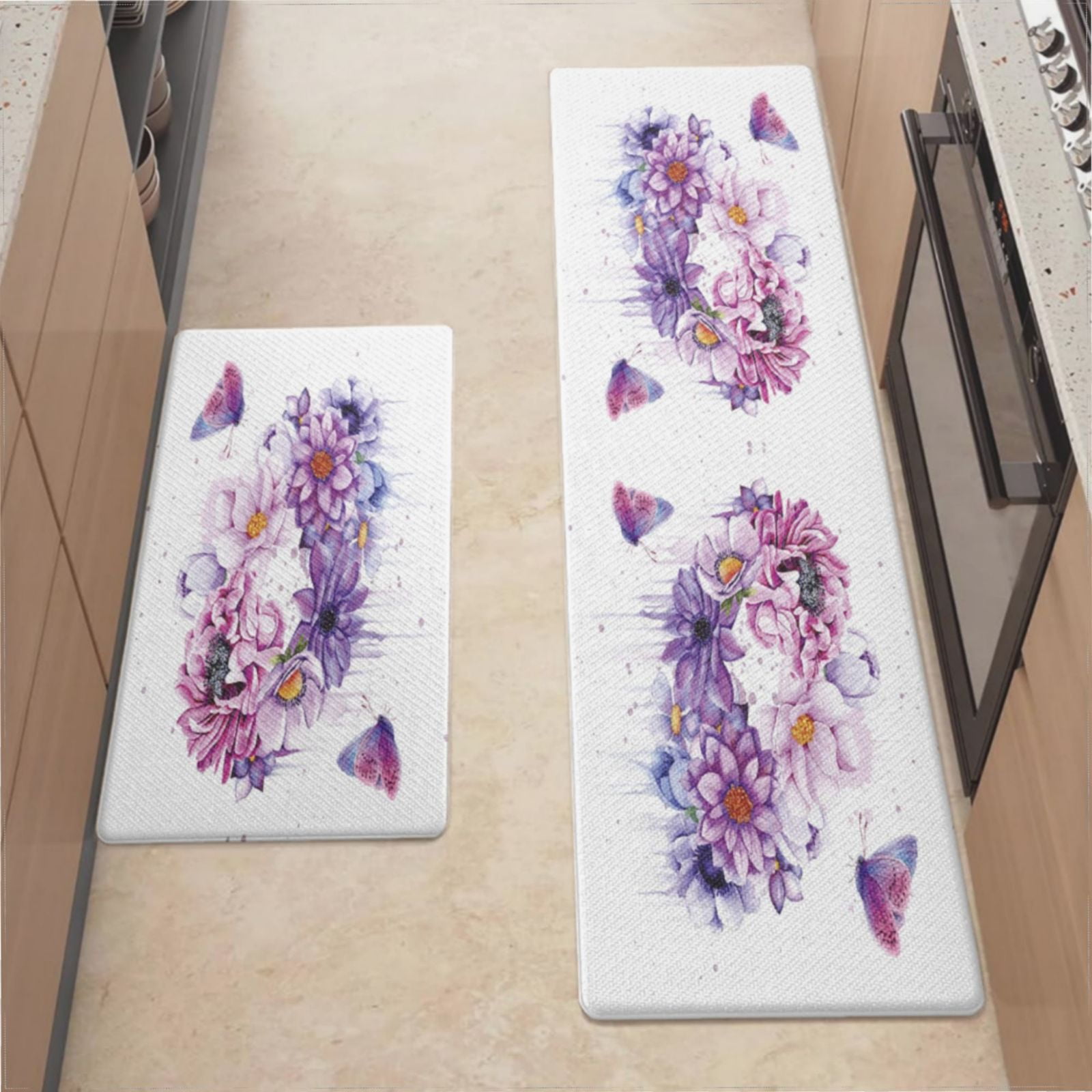 Kitchen Mats For Floor,Watercolor Purple Floral Butterfly Spring ...