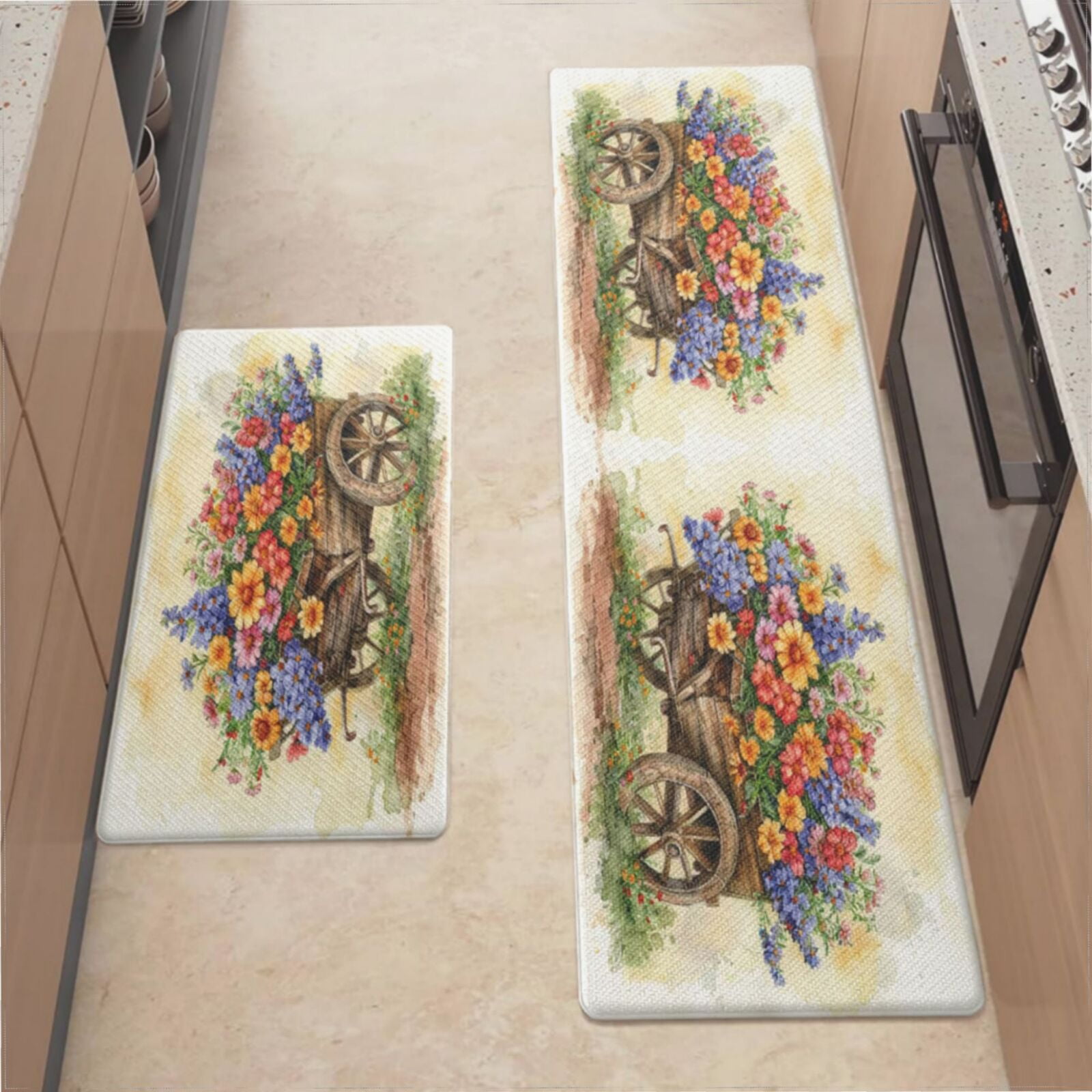 Kitchen Mats For Floor,Wheelbarrow With Flowers Kitchen Rug For Kitchen ...